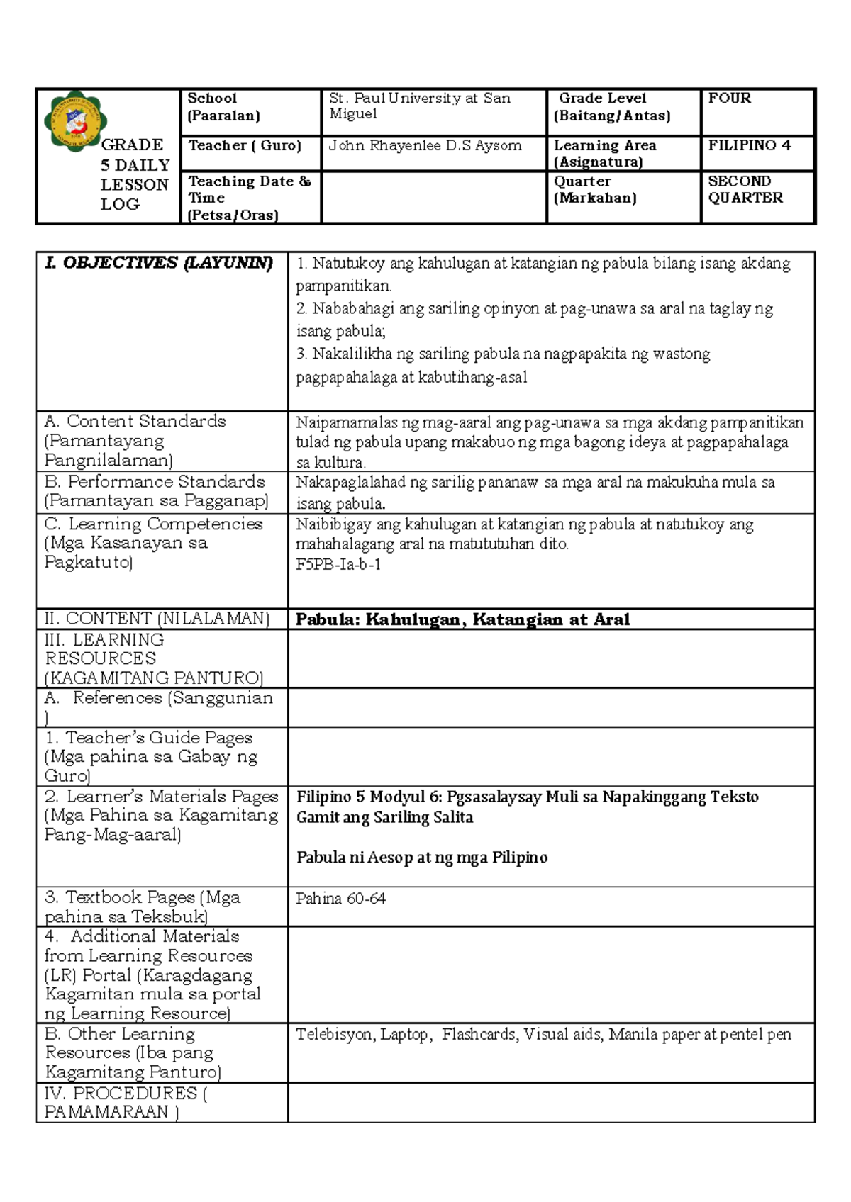 DLP: Grade 4 Filipino Lesson Log on Pabula and Its Lessons - Studocu