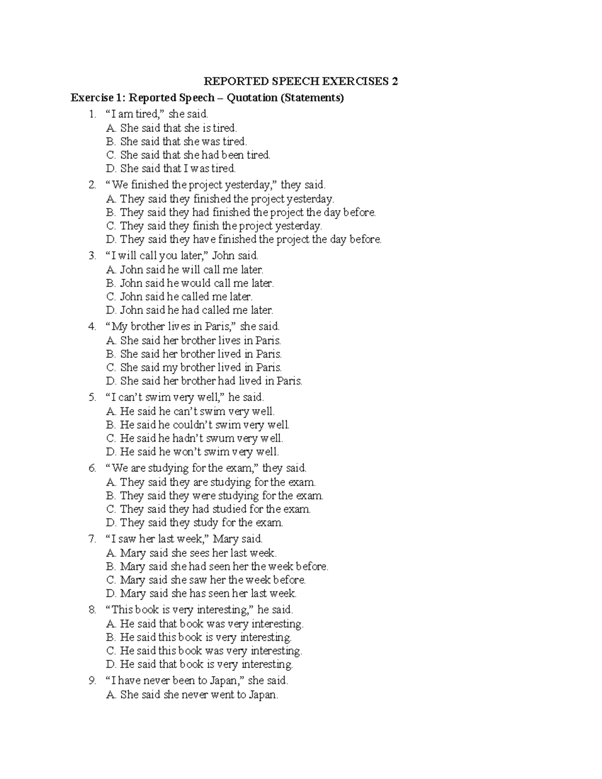 Reported Speech Exercises 2: Practice Questions and Answers - Studocu