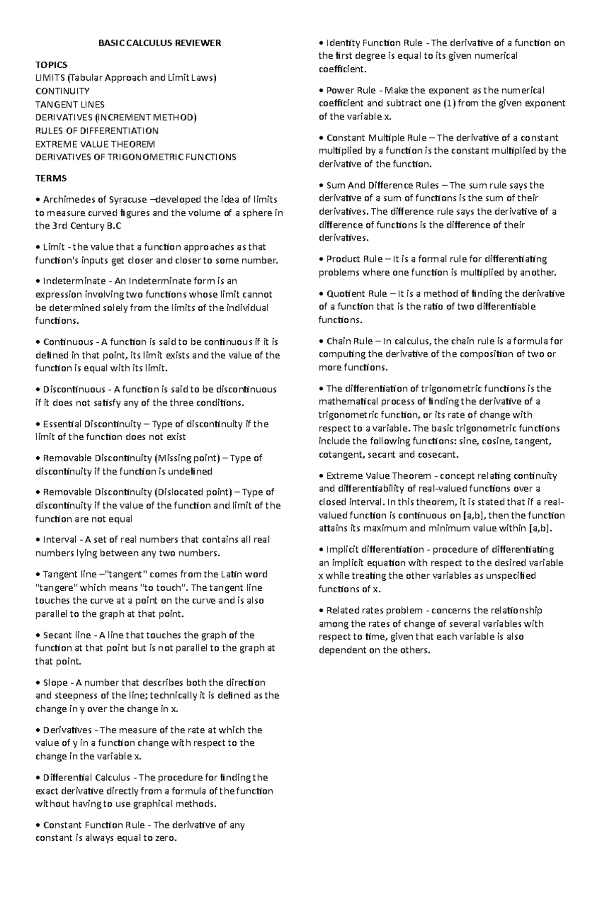 3RDQ Basic Calculus Final Exam Reviewer: Limits, Derivatives ...