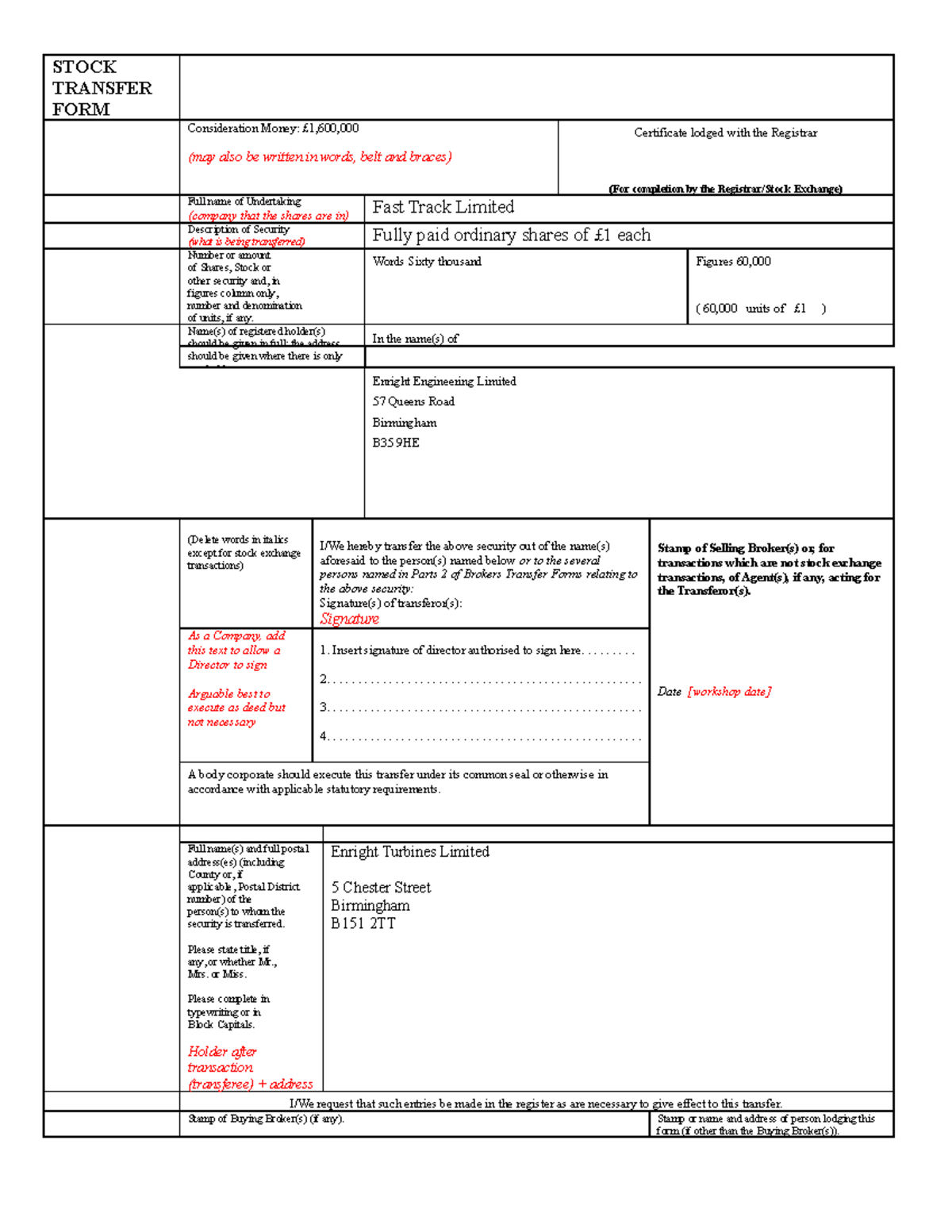 Annotated Stock Transfer Form for Fast Track Limited - Example - Studocu