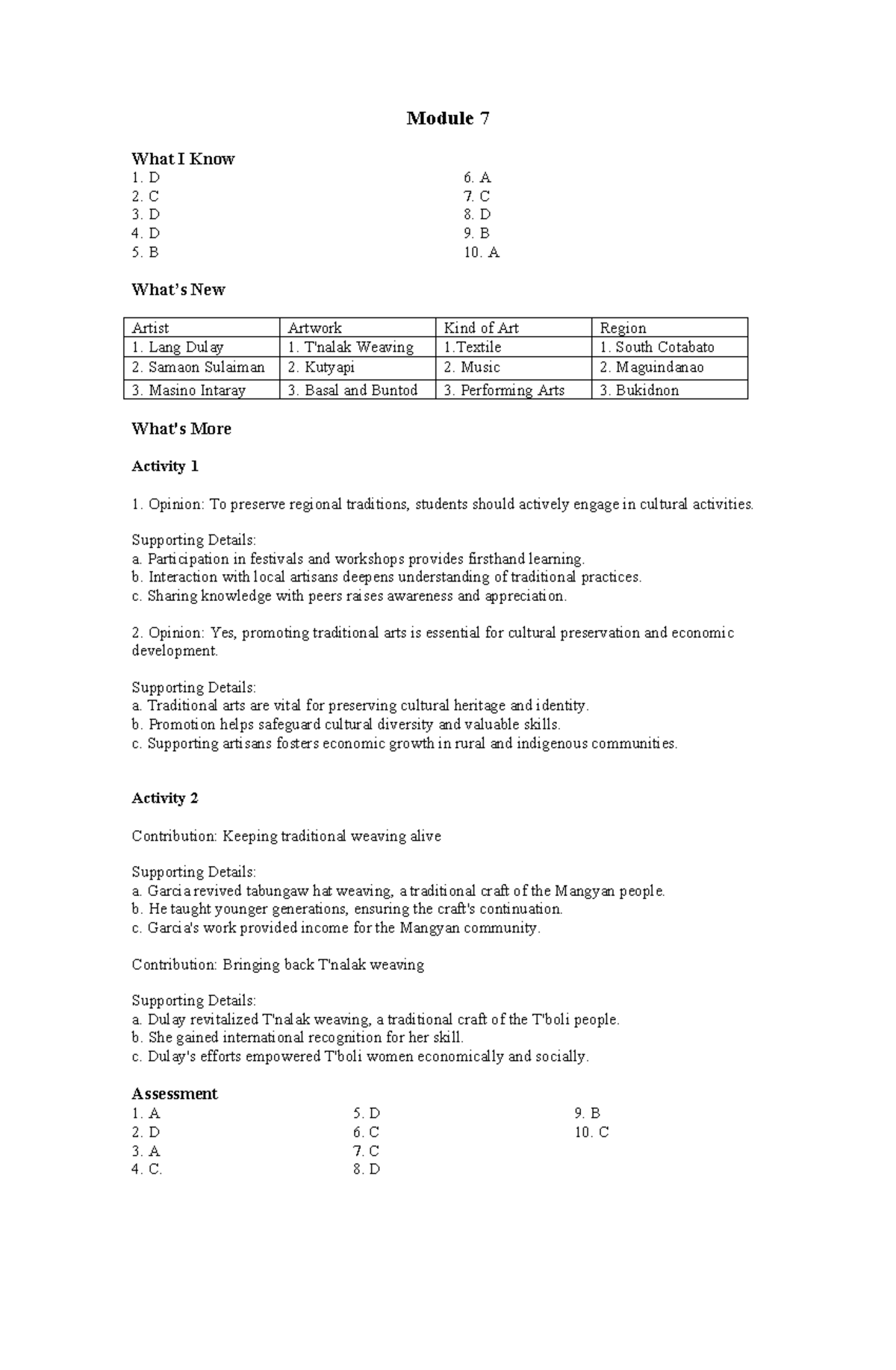 Wow - none - Module 7 What I Know 1. D 2. C 3. D 4. D 5. B 6. A 7. C 8 ...