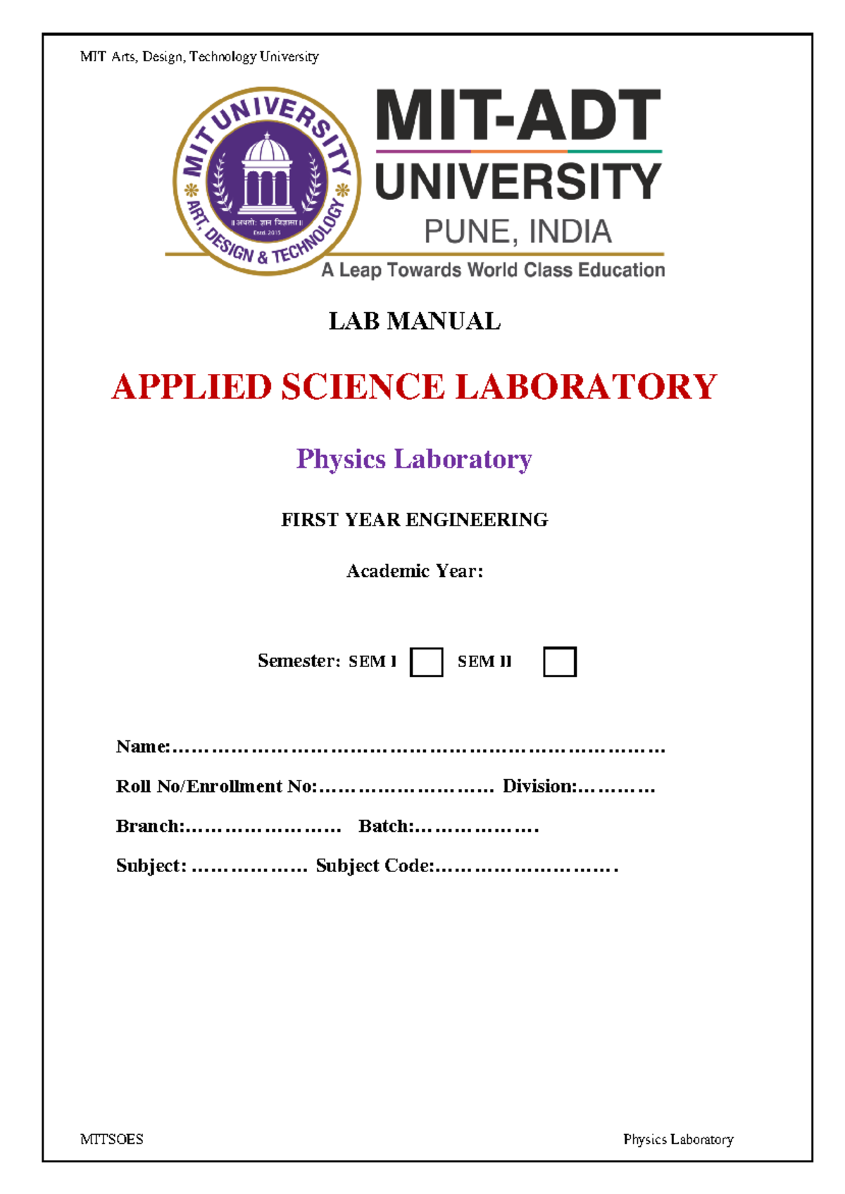 B.Tech MITSOES Physics Laboratory Lab Manual 2025-26 - Studocu