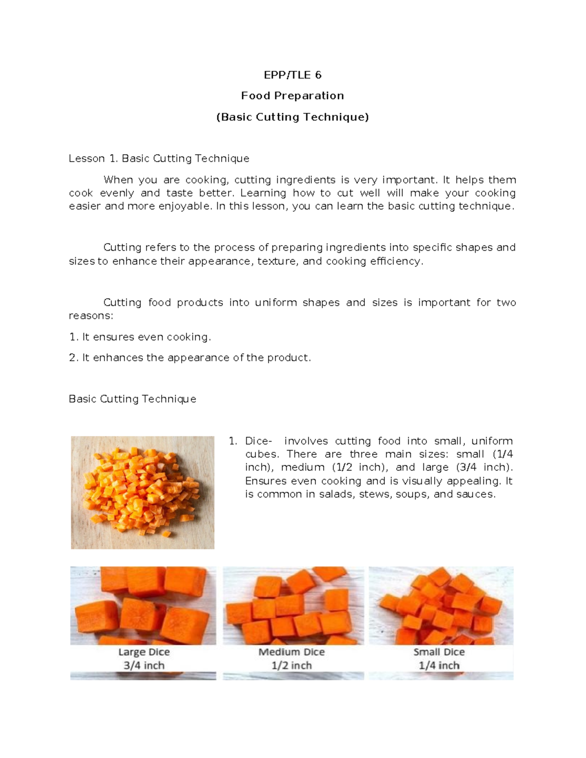 6 Food Preparation (Basic Cutting Techniques) Lesson 1 & 2 - Studocu