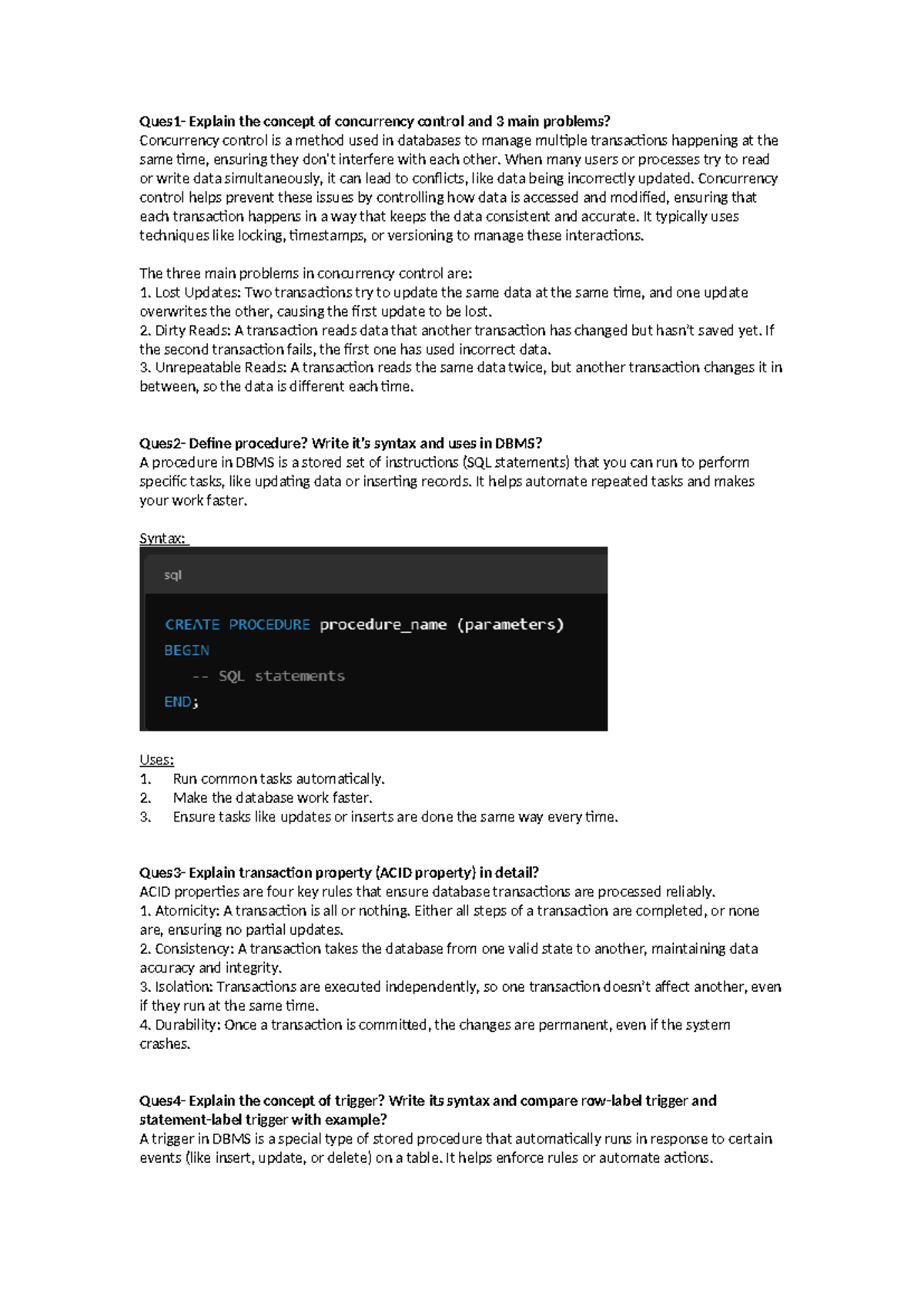 DBMS- DATABASE MANAGEMENT SYSTEM: Concurrency Control & Transaction Properties - Studocu