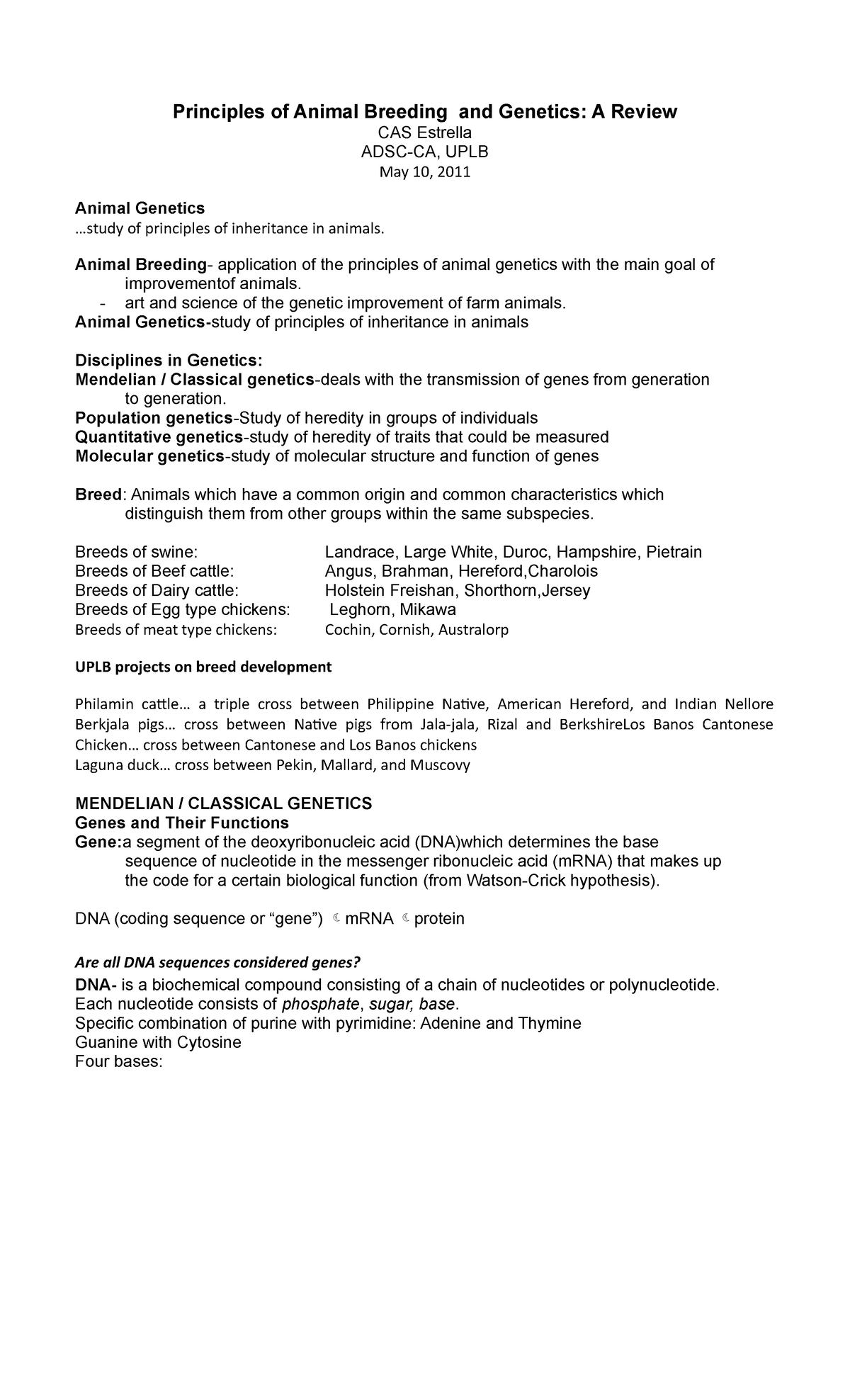 Principles of Animal Breeding and Genetics Review (ADSC-CA) - Studocu
