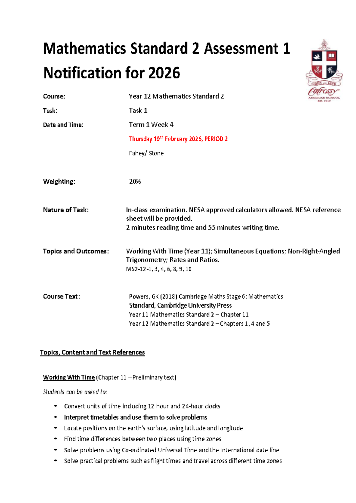 2026 Year 12 Mathematics Standard 2 Task 1 Exam Notification - Studocu
