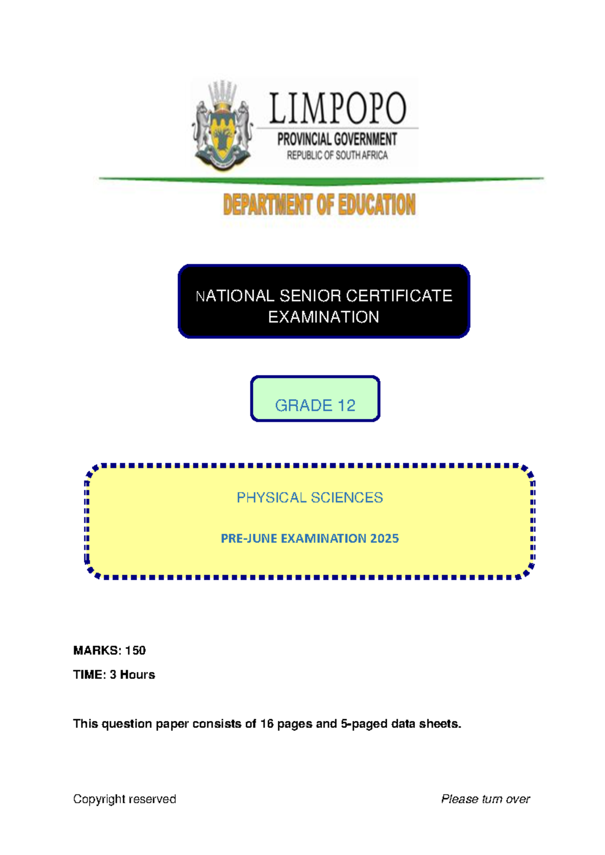 Grade 12 Physical Sciences Pre-Exam Paper 2025 (NSC) - Studocu