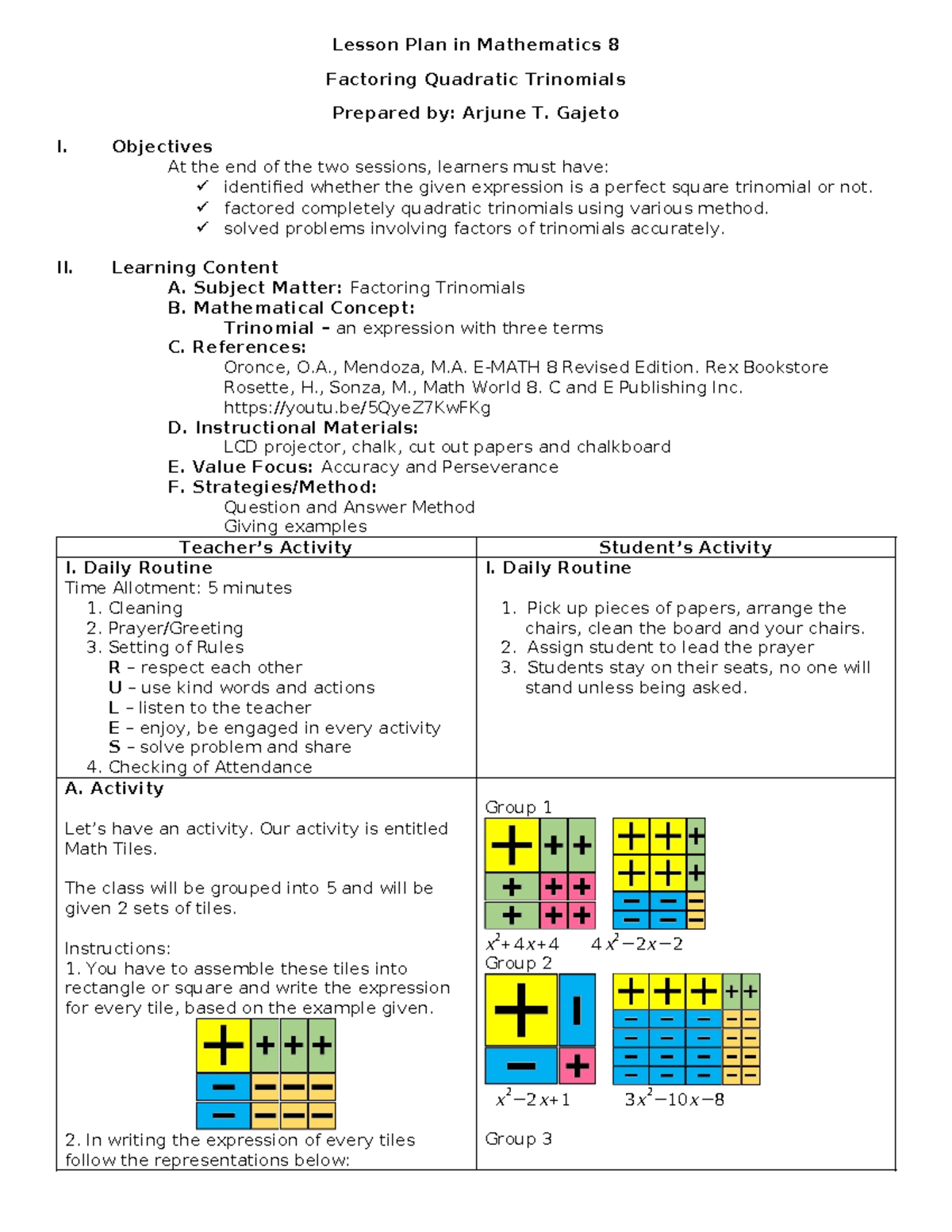 476007678 Math 8 Lesson Plan on Factoring Quadratic Trinomials - Studocu