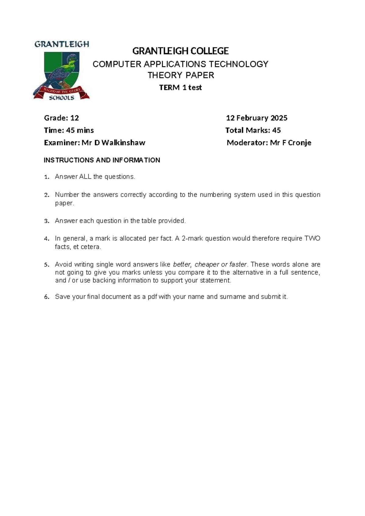 Grade 12 CAT Theory Paper Term 1 - Test Memo - Studocu