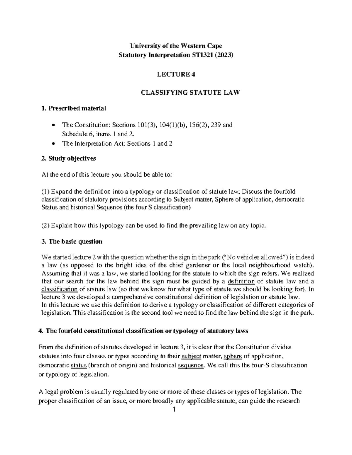 STI321 Lecture 4 (2023): Classification of Statutes in South Africa ...