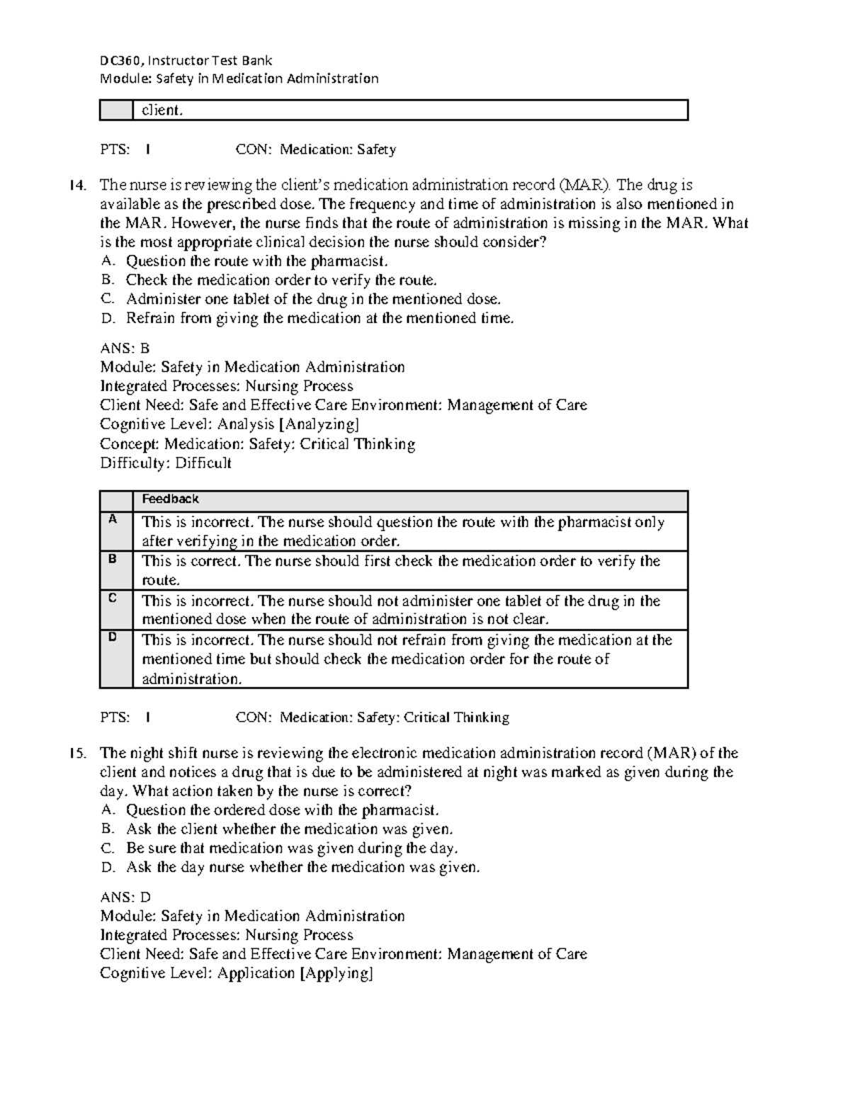 DC360 Test Bank: Safety in Medication Administration Module - Studocu