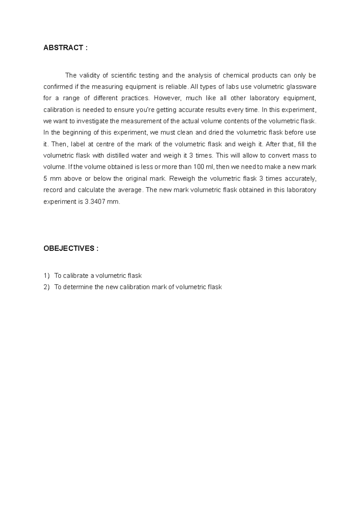 CHM 421 Lab Report: Calibration of Volumetric Glassware Experiment 1 ...