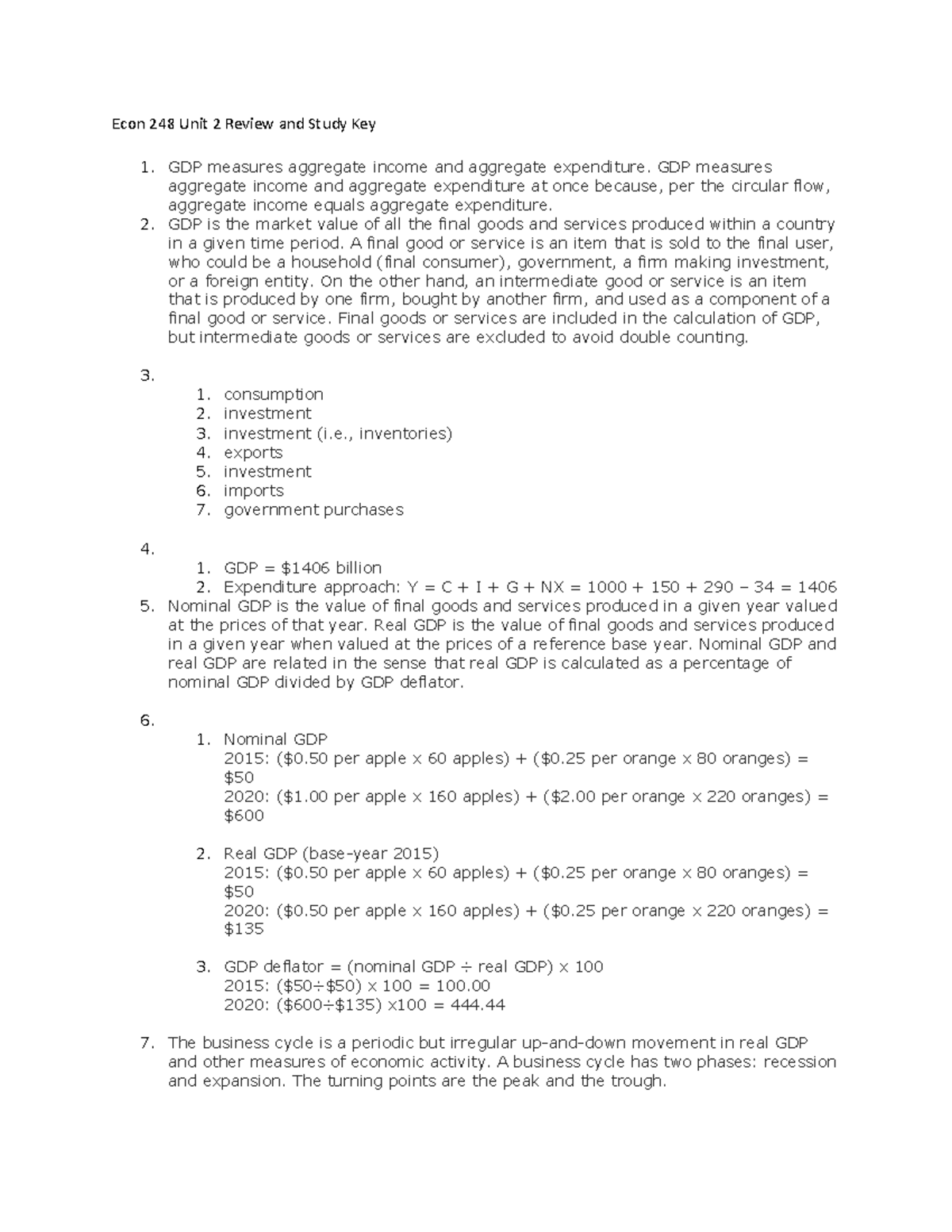 Econ 248 Unit 2 Review: GDP, Business Cycles, and Economic Indicators ...
