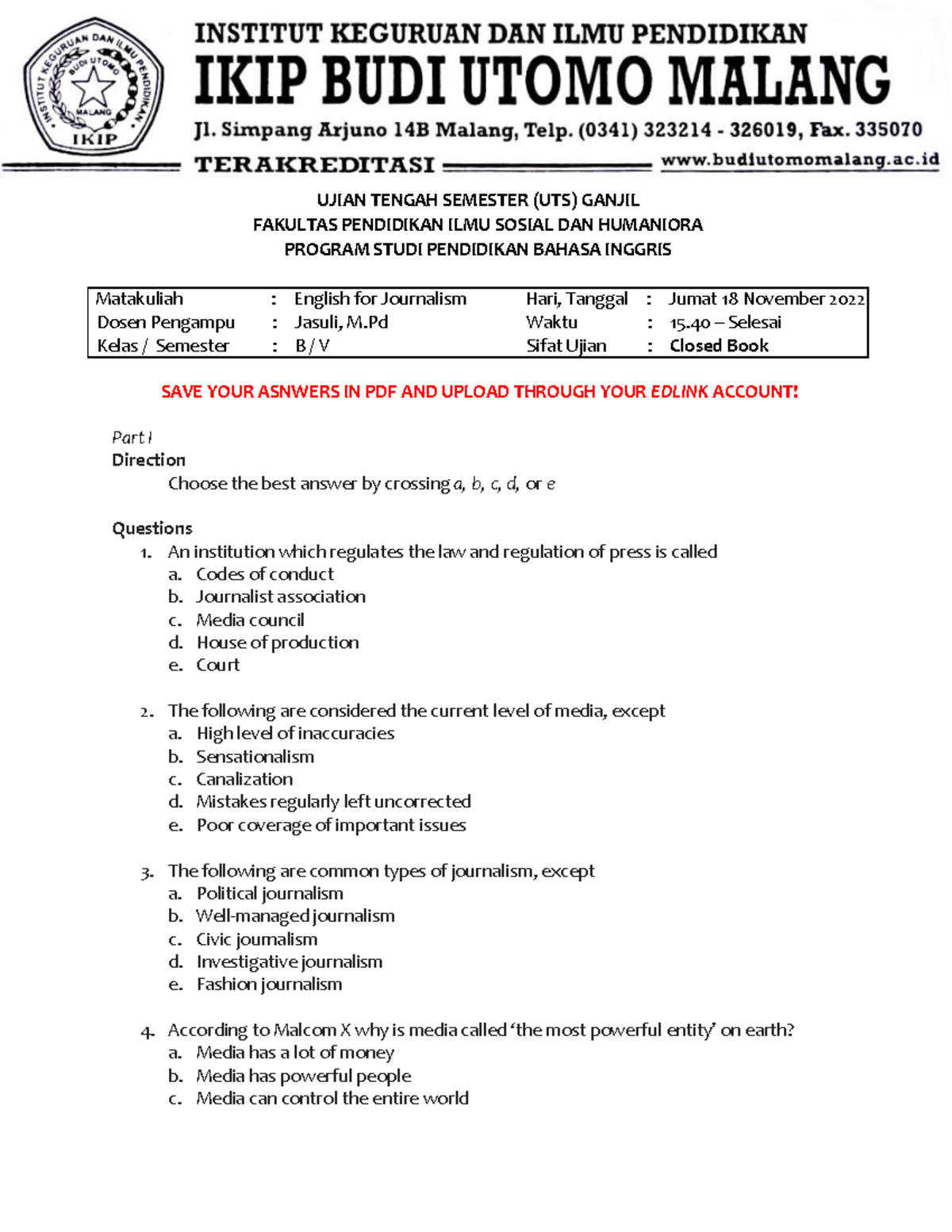 Midterm Exam Questions for English for Journalism B (UTS) - Studocu