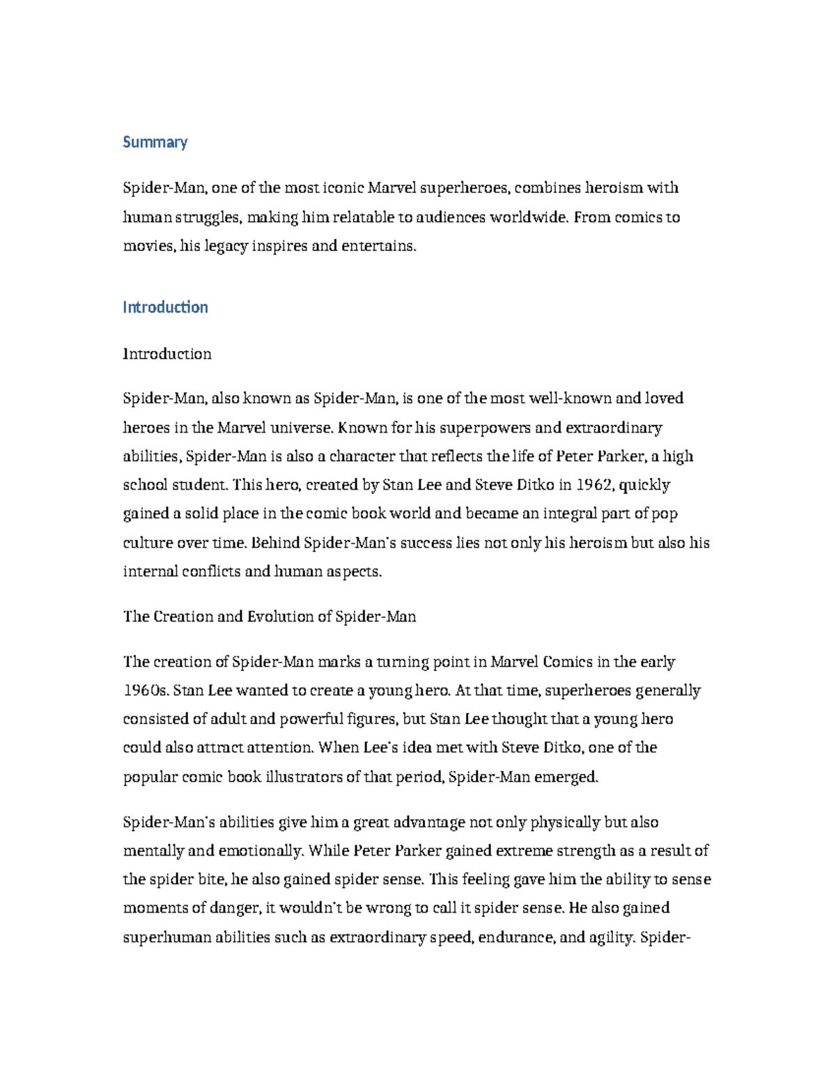 Spider Man Report 16 Pages - Summary Spider-Man, one of the most iconic ...