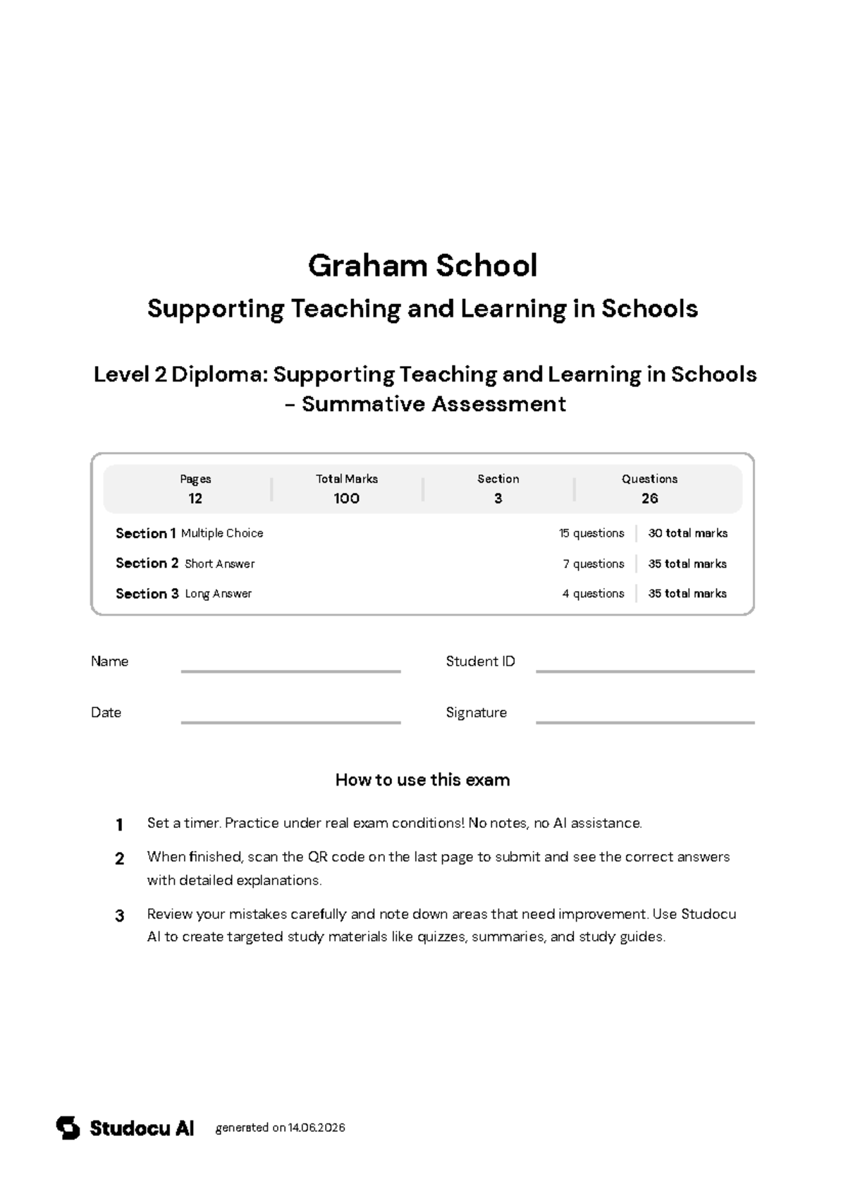 Level 2 Diploma: Supporting Teaching and Learning - Exam - Studocu