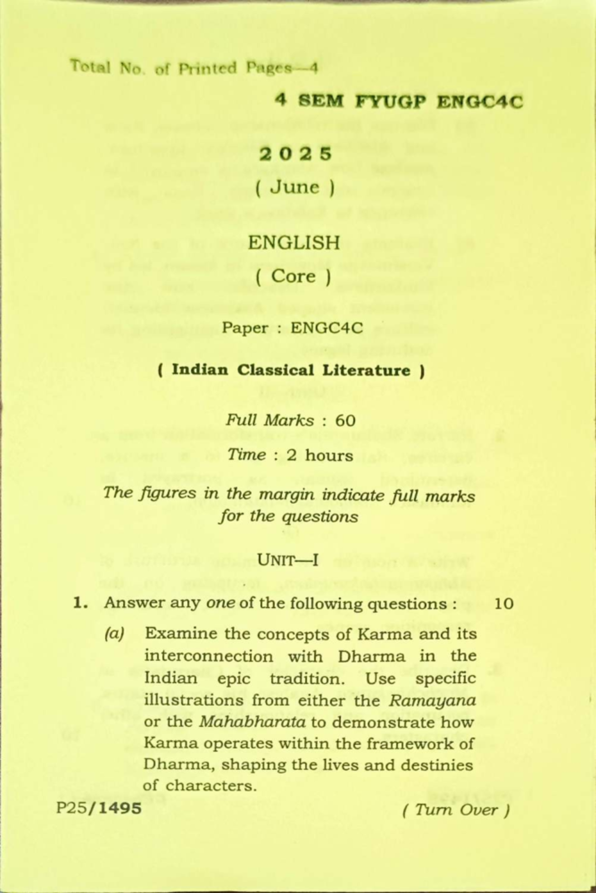 4 SEM FYUGP ENGC4C - Indian Classical Literature Exam Paper - Studocu
