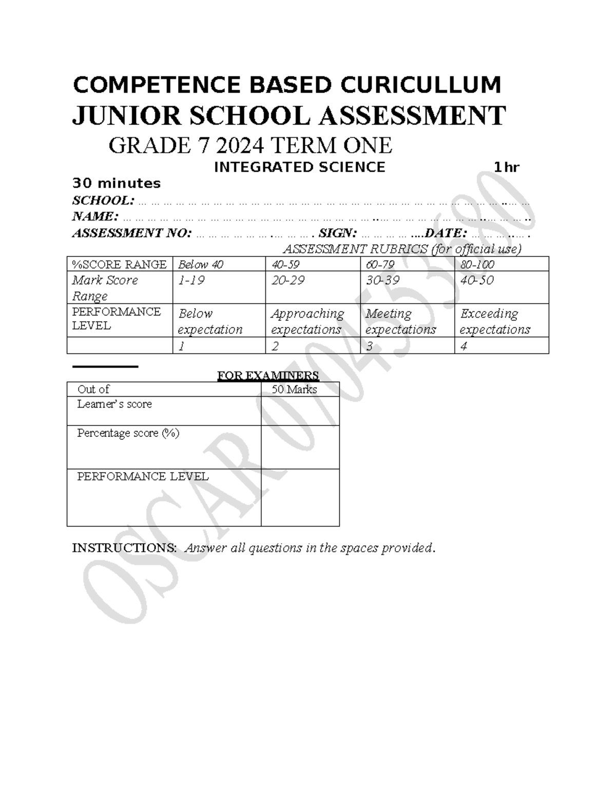 COMP 2024 Term 1 Grade 7 Integrated Science Assessment Questions - Studocu