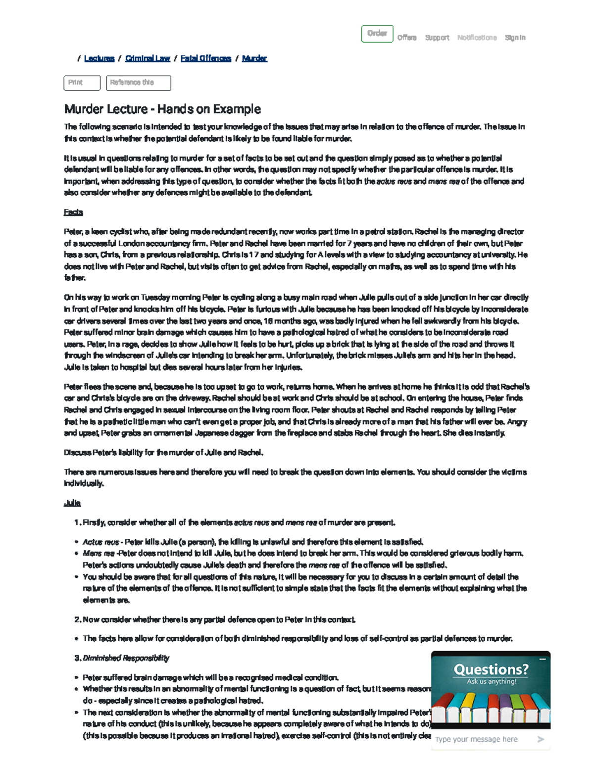 Murder Lecture - Example Questions - / Lectures / Criminal Law / Fatal ...