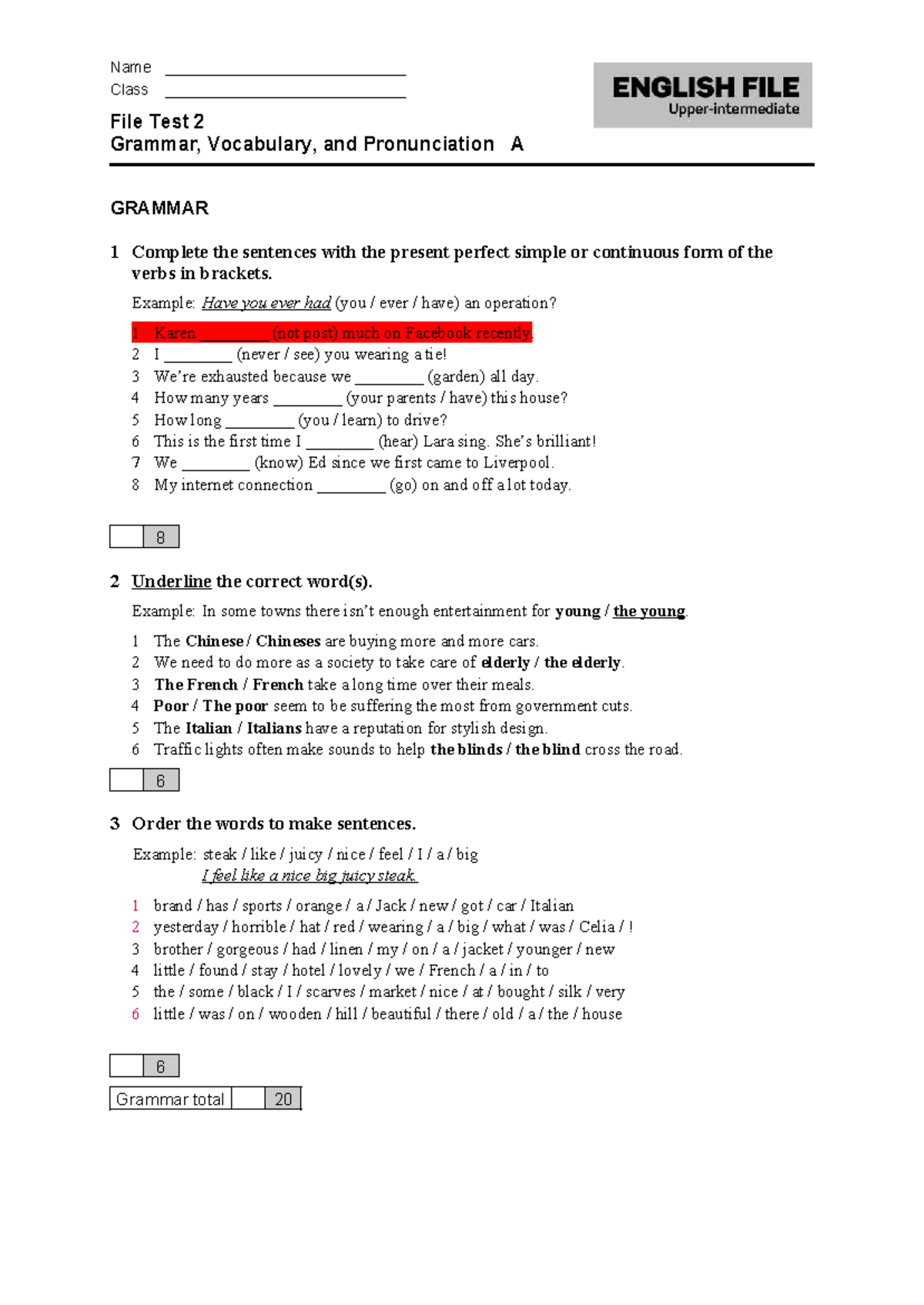 Test Unit 2 EF3e - File Test 02A: Grammar, Vocabulary, and Reading ...