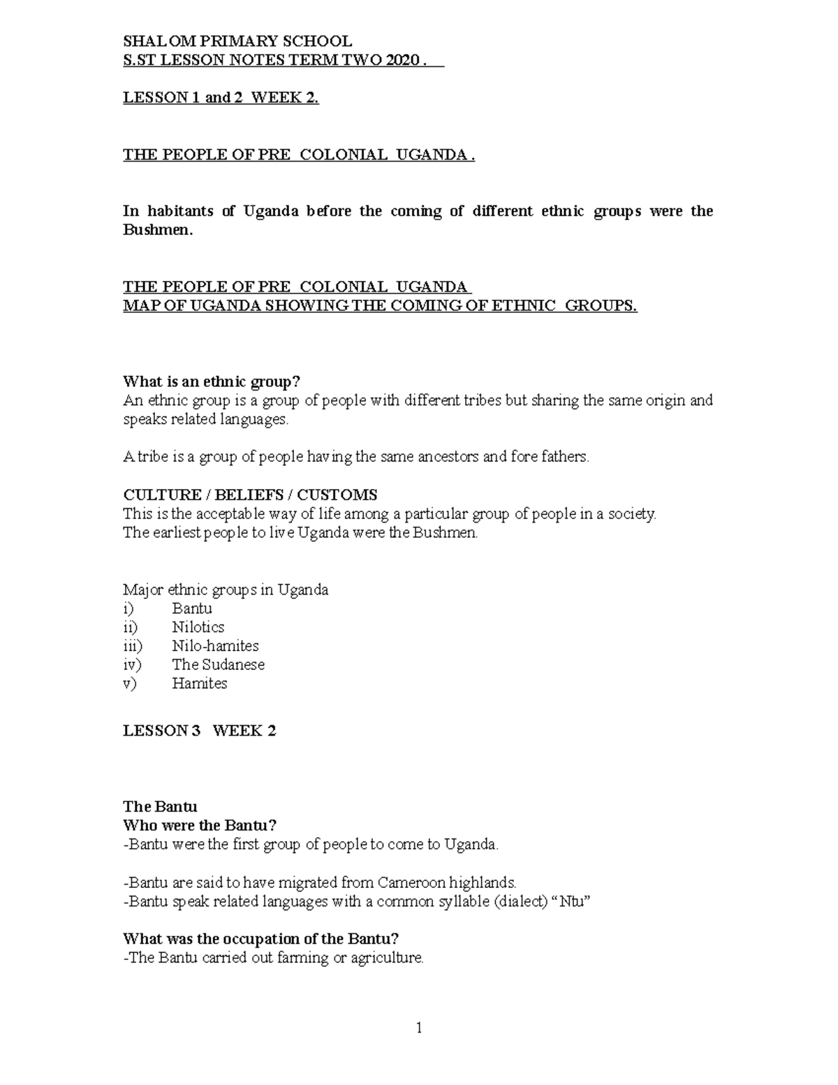 S.ST LESSON NOTES TERM TWO 2020 - PRE-COLONIAL UGANDA OVERVIEW - Studocu