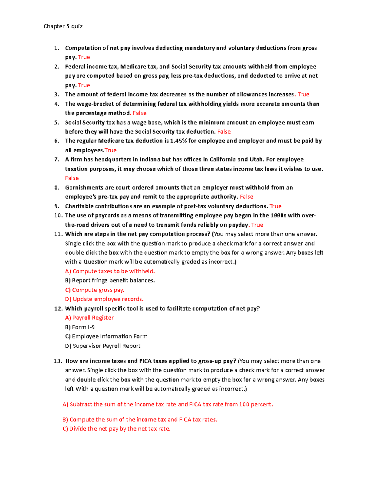 Chapter 5 Quiz - Employee Net Pay & Tax Computation Methods - Studocu