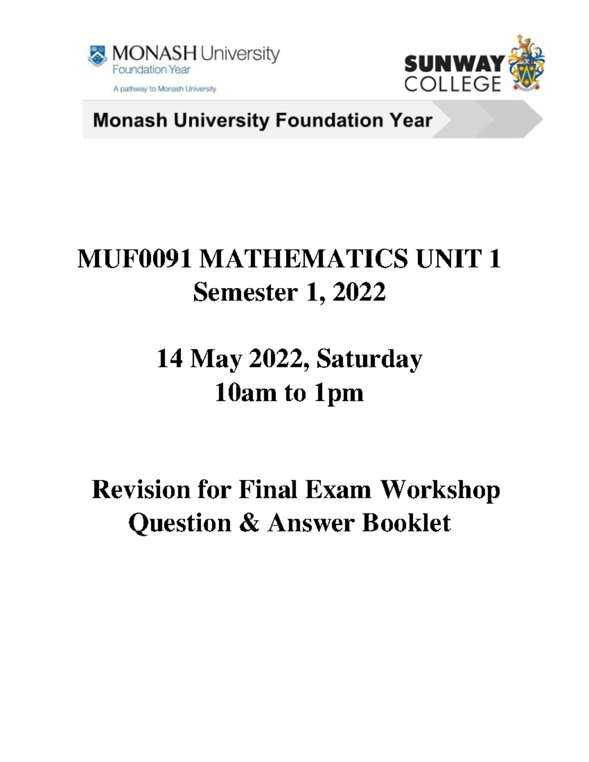 Final Exam Revision Questions for MUF0091 Mathematics Unit 1 - Studocu