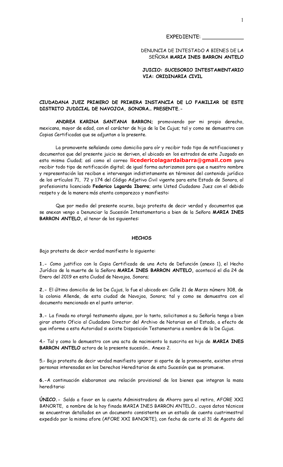 Demanda Sucesoria Intestamentaria de Bienes de María Inés Barrón Antelo ...