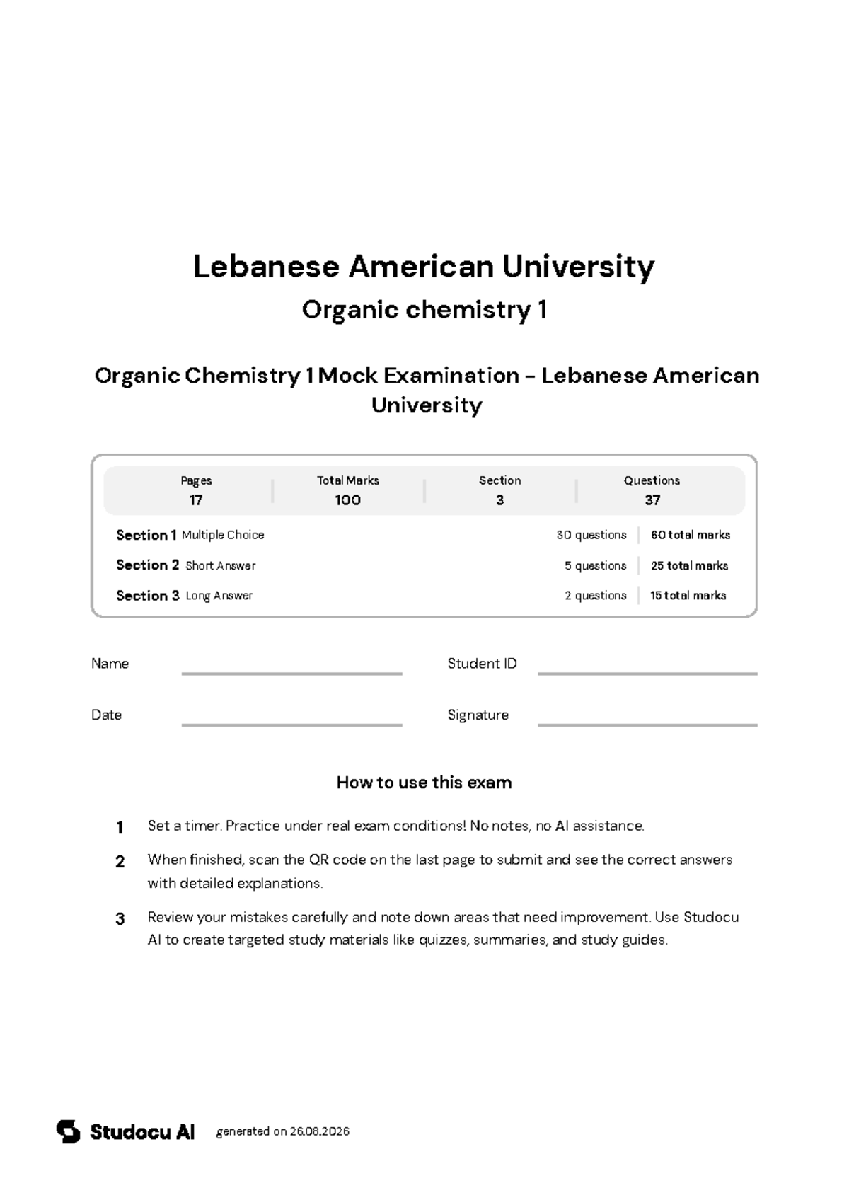 Organic Chemistry 1 Mock Exam - LAU - Studocu