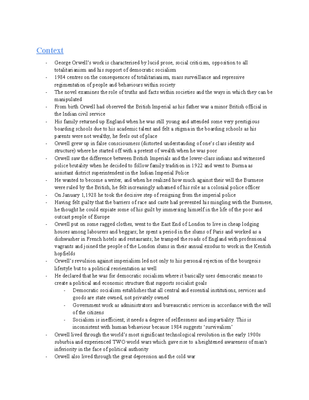 Context 1984 - ashsh - Context - George Orwell’s work is characterised ...