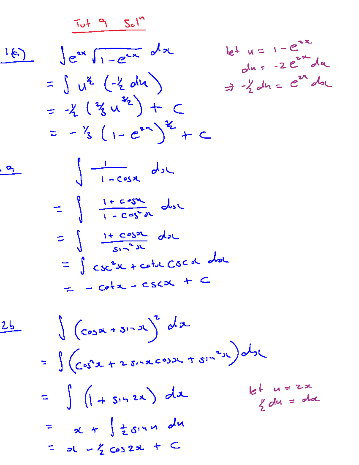 Tutorial 10 Solutions: Integration Techniques and Definite Integrals ...