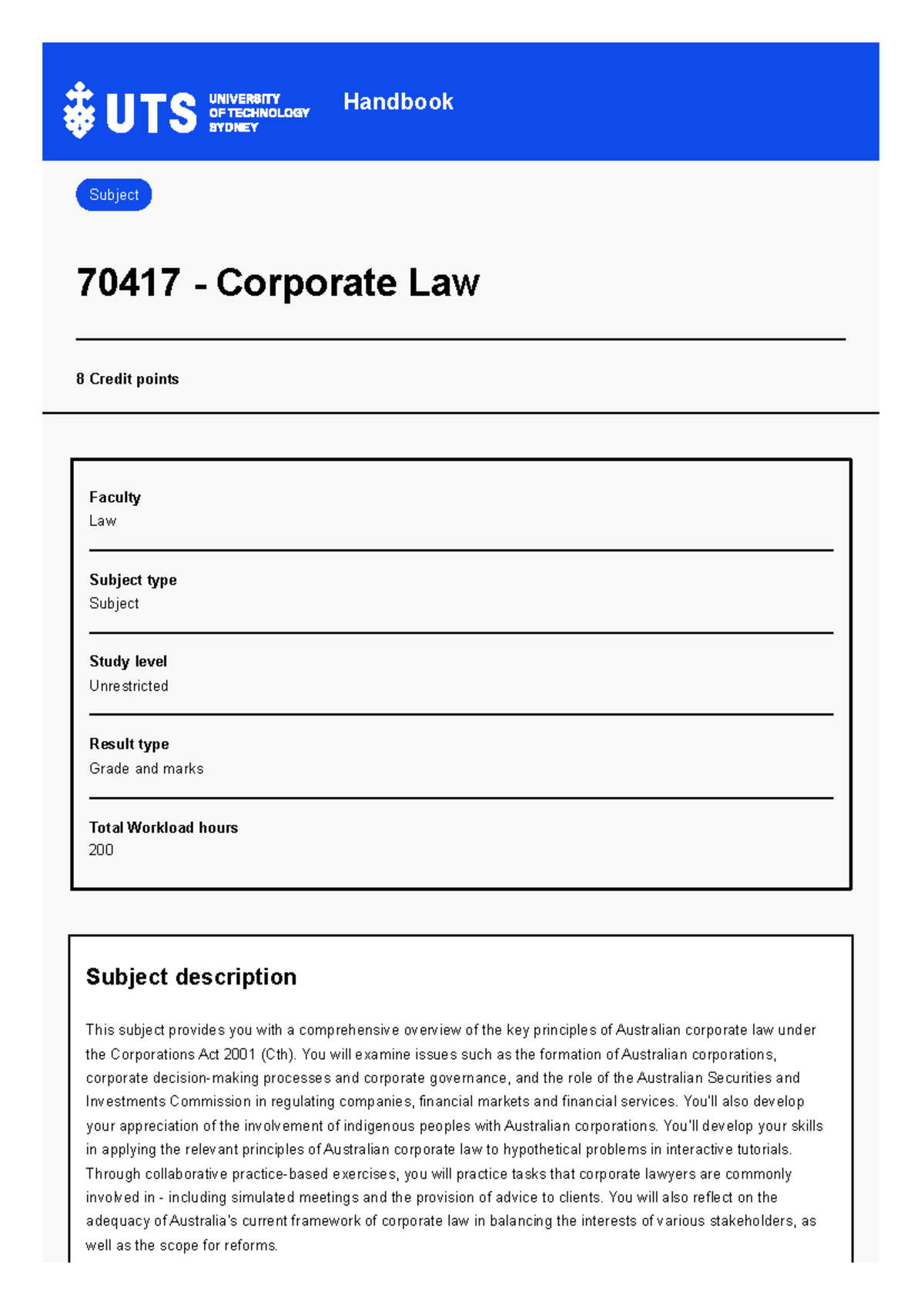 Corporate Law Subject Outline 70417: Key Principles & Learning Outcomes ...