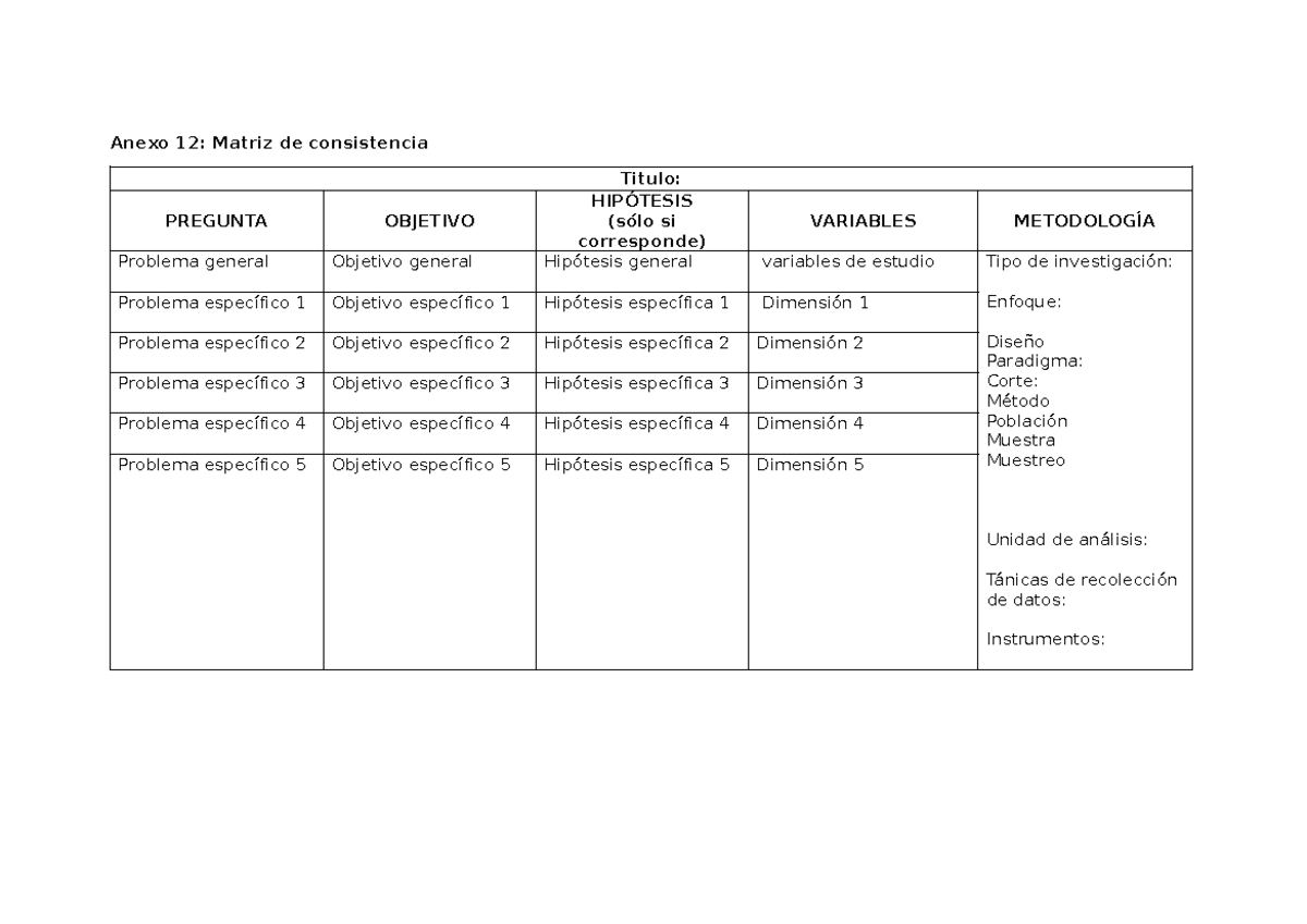 Anexo 12. Matriz de consistencia (1) - Anexo 12: Matriz de consistencia ...
