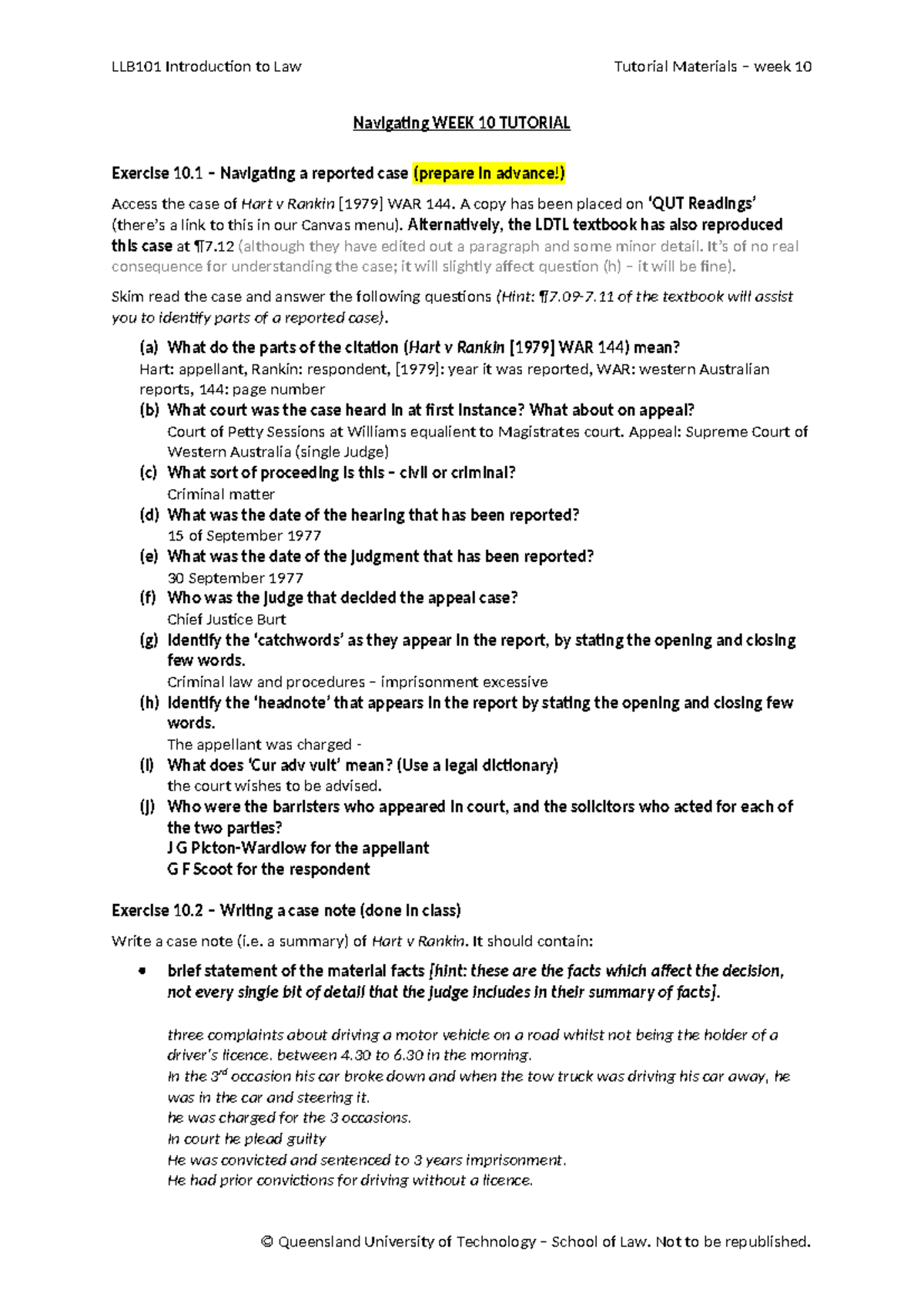 LLB101 Week 10 Tutorial: Hart v Rankin Case Analysis & Notes - Studocu