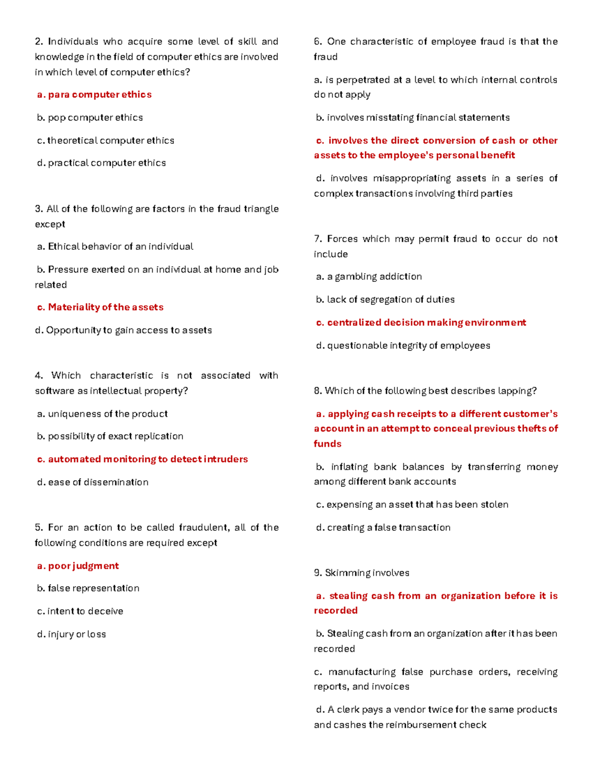 Chapter 12 — Business Ethics, Fraud, and Fraud Detection (MC) Study ...
