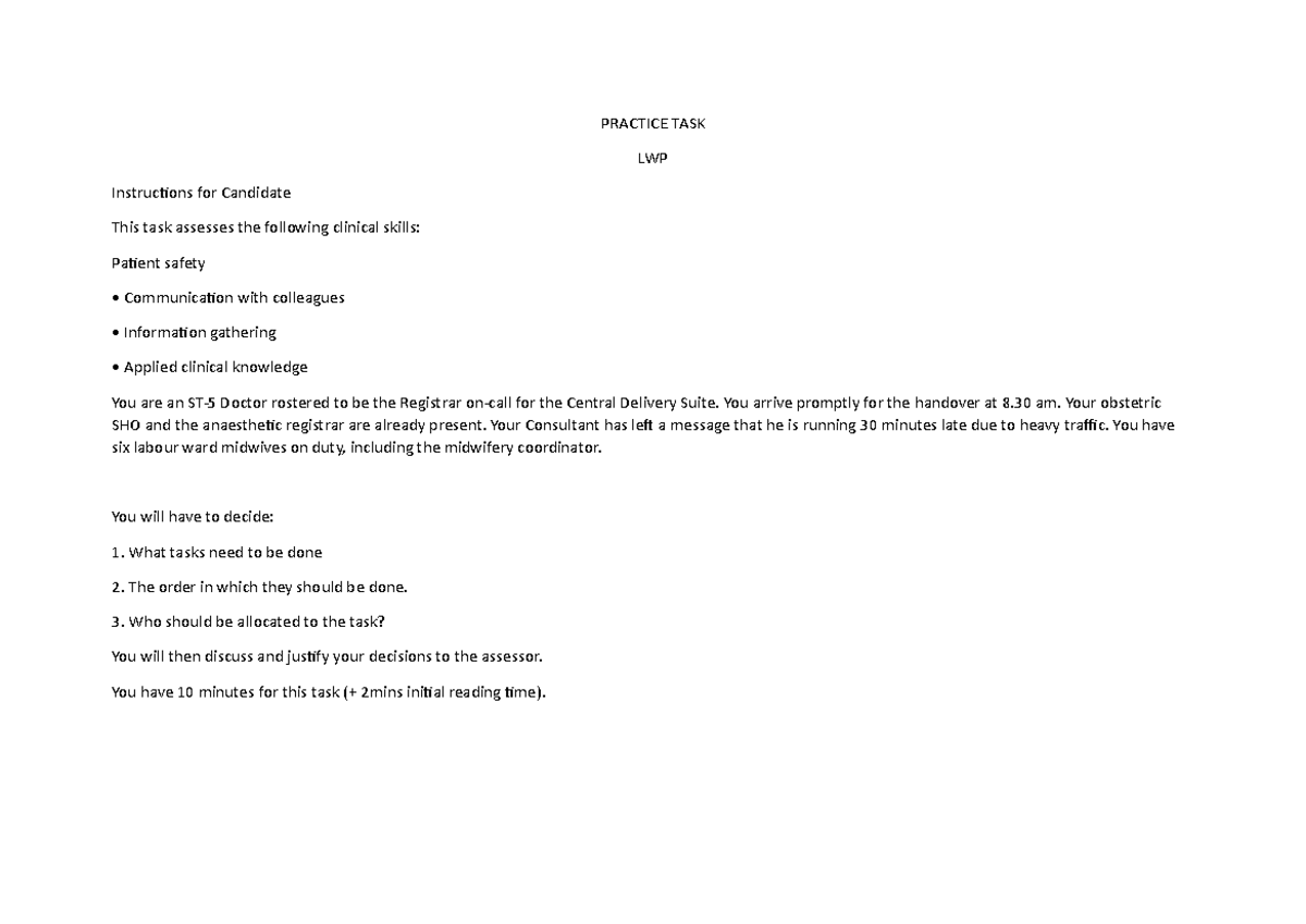 Practice Task 21: Medical History Taking (OMT-101-01) Instructions ...