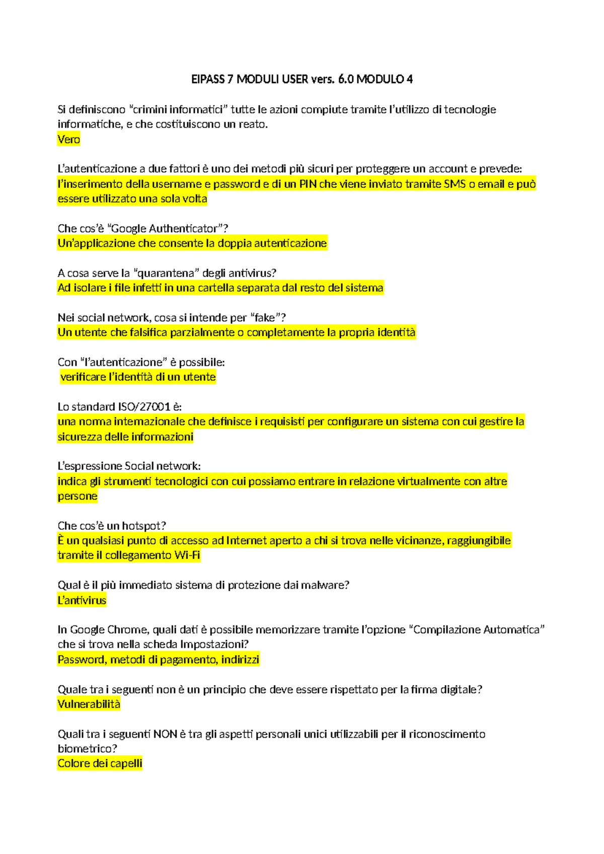 Eipass Modulo 6: Esempi di Domande e Risposte su Excel - Studocu