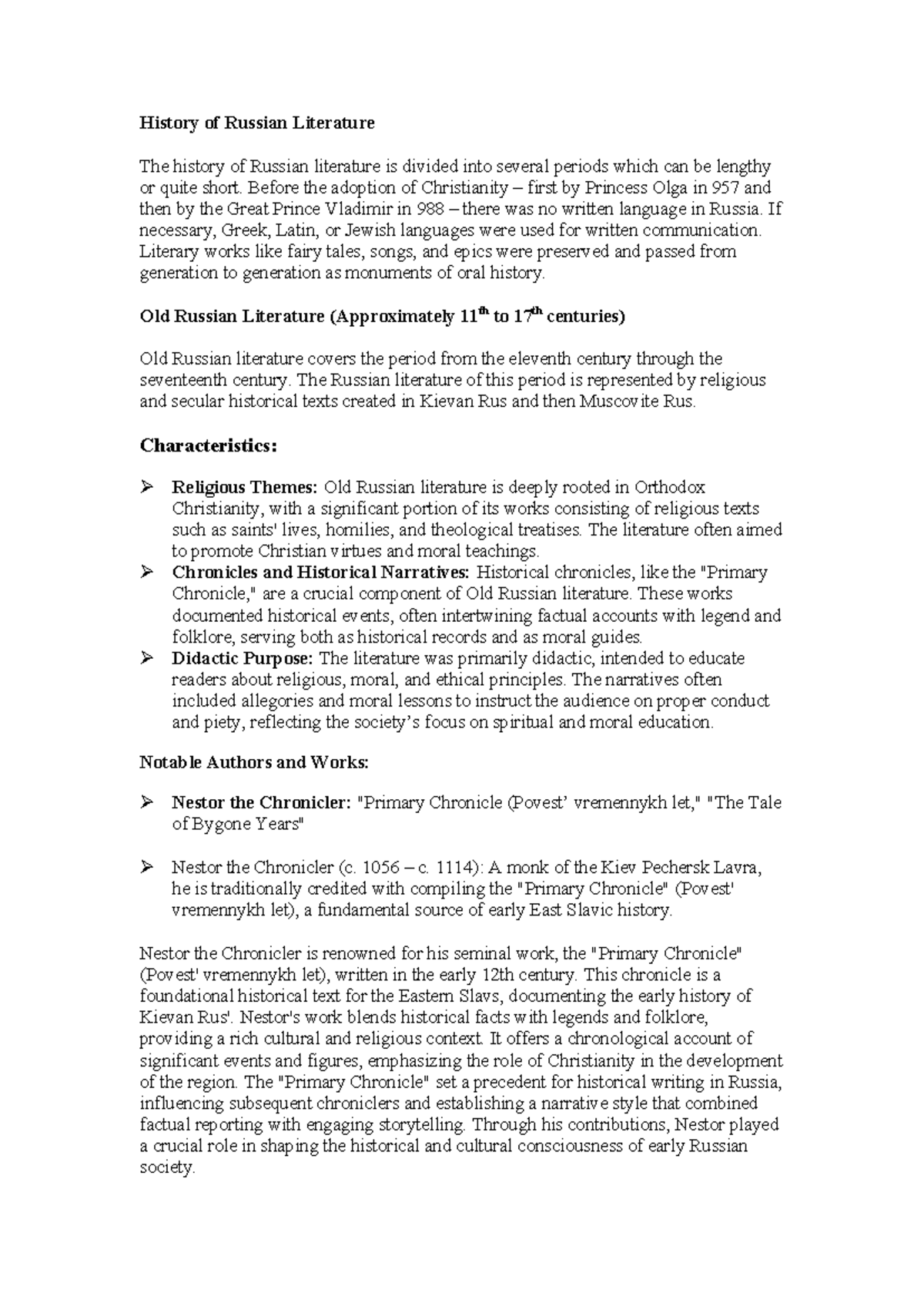 HIST-101 Lecture Notes: The Evolution of Russian Literature - Studocu