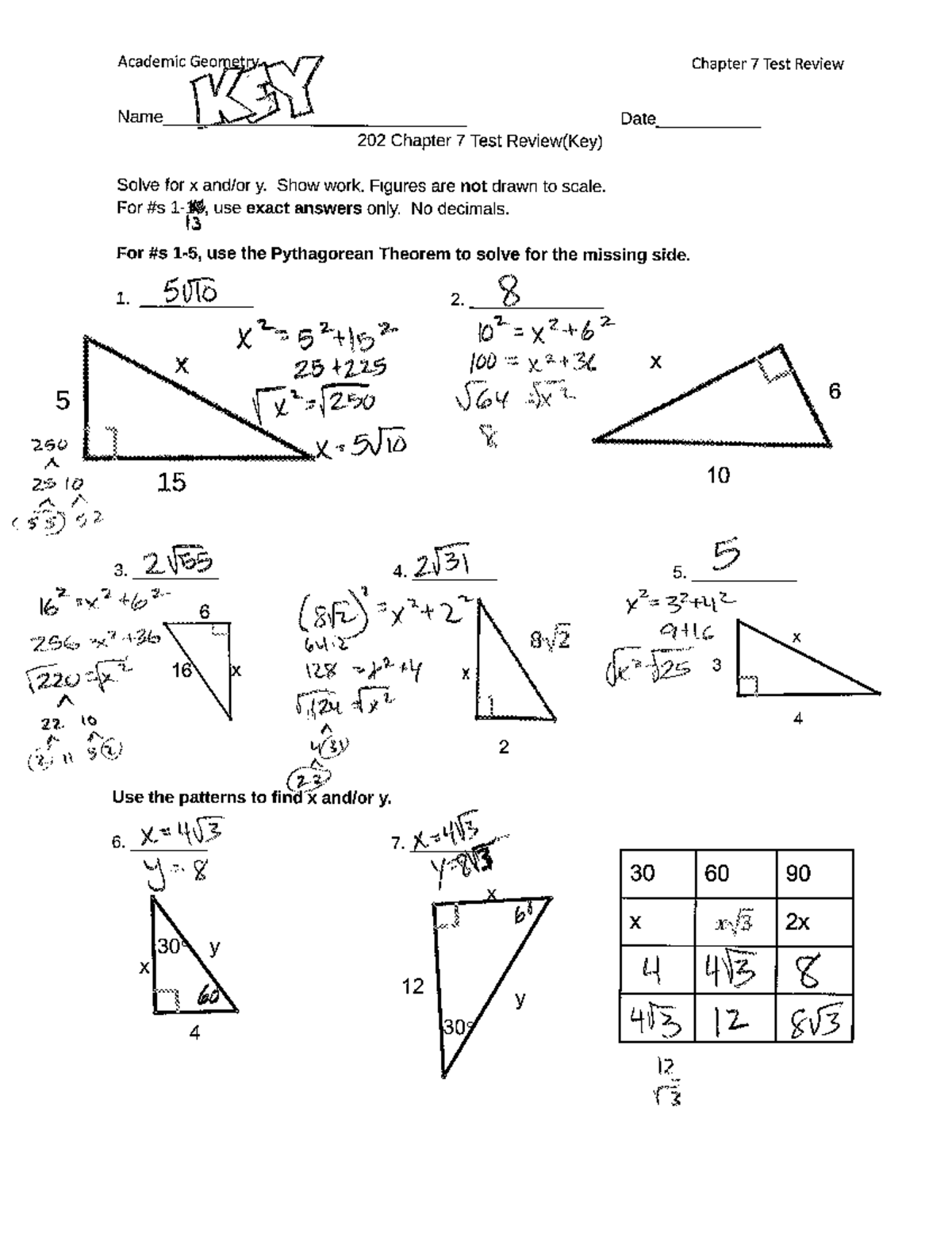 Academic Geometry 202 Chapter 7 Test Review Key - Cheet Sheet for Exams ...