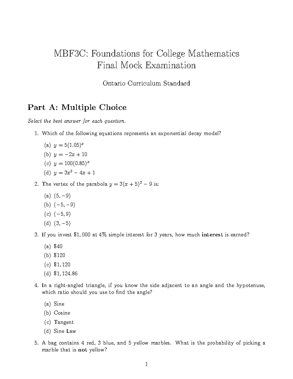 MBF3C: Foundations for College Mathematics Final Mock Exam Practice ...
