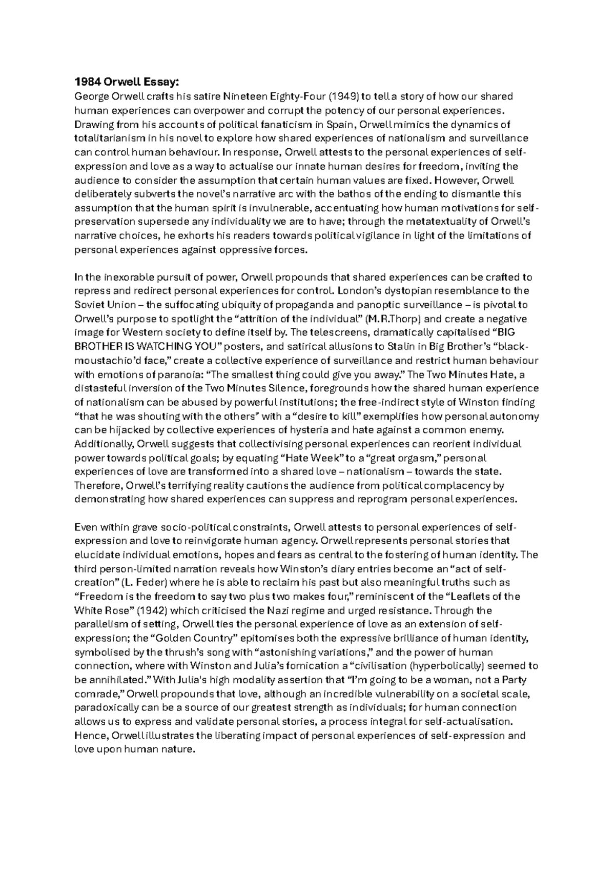 1984 Essay (ENG101): Exploring Orwell's Satire on Human Experience ...
