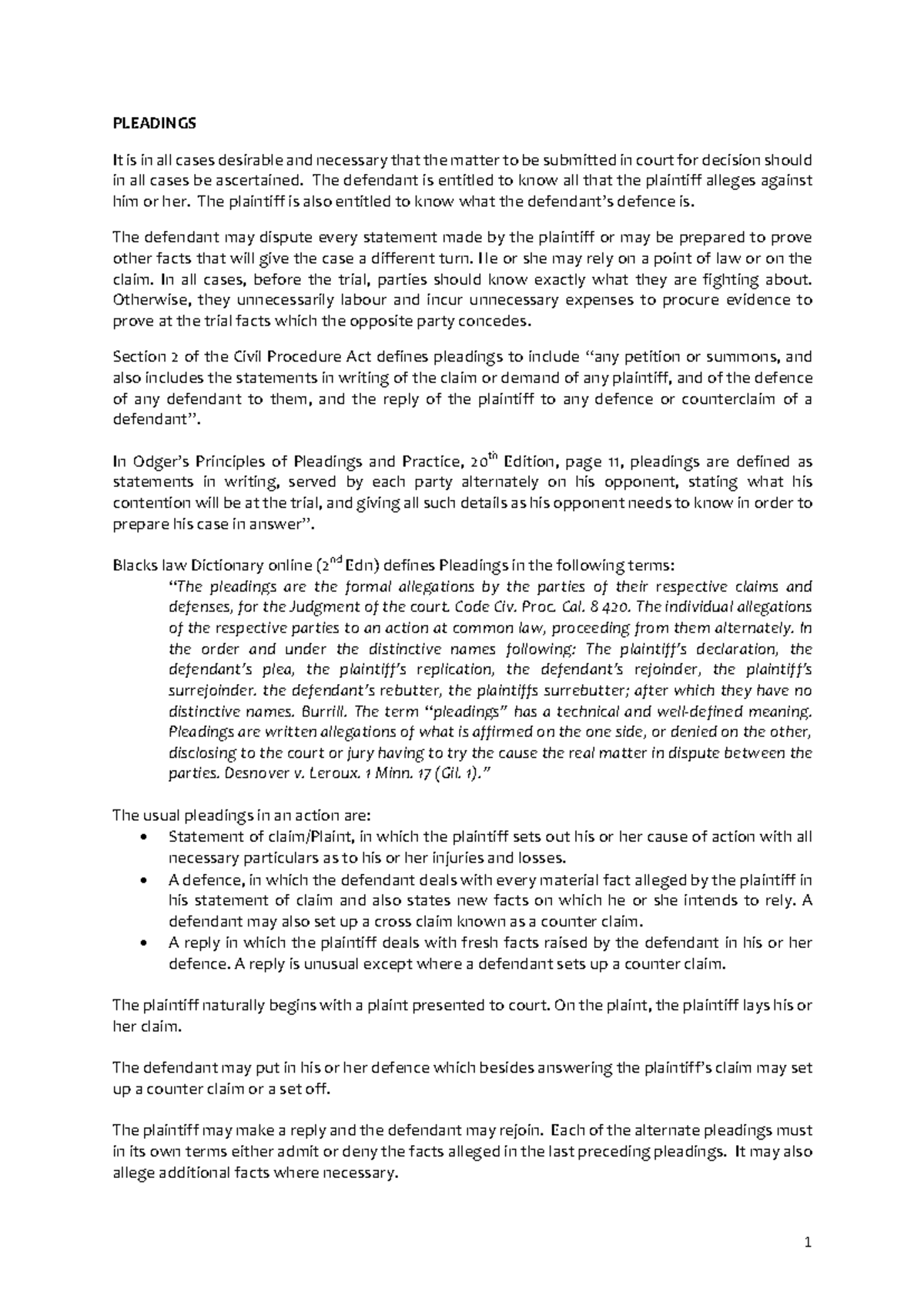 PLE 301: Comprehensive Guide to Pleadings in Civil Procedure - Studocu