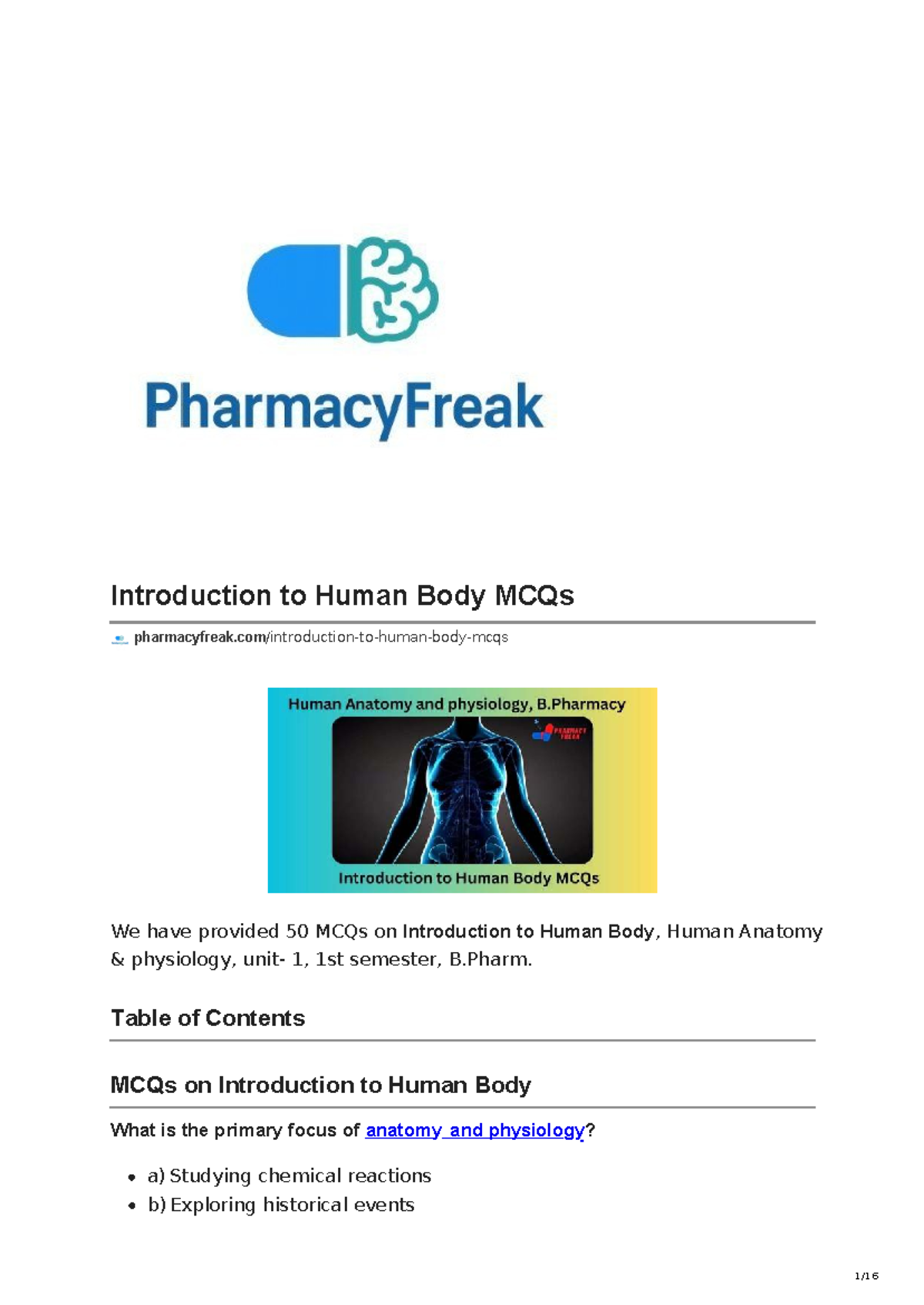 B.Pharm 1st Sem: Introduction to Human Body MCQs for Exam Prep - Studocu