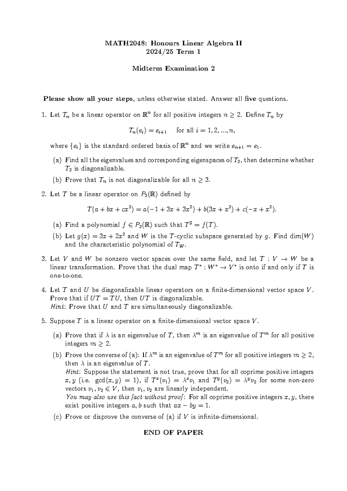 Math2048 2425 Midterm Exam 2 - Honours Linear Algebra II - Studocu