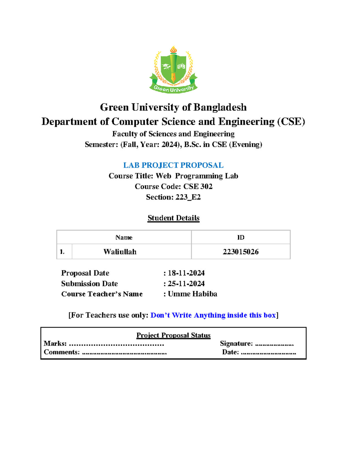 Web Programming Lab project proposal - Green University of Bangladesh Department of Computer ...