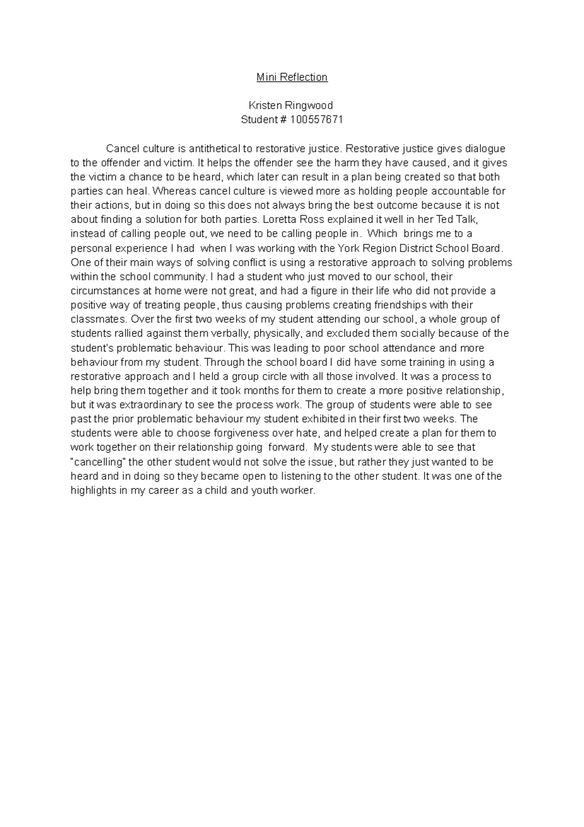 Reflection - Mini Assignment 1 - Mini Reflection Kristen Ringwood ...