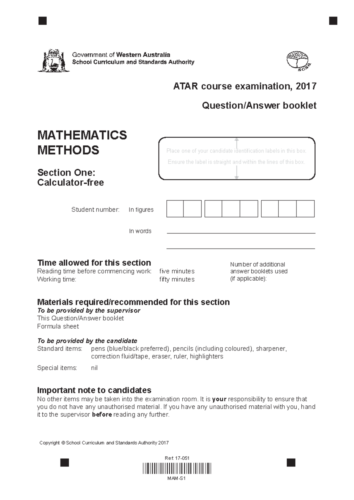 Mathematics Methods MAM-S1 Exam 2017: Calculator-Free Section - Studocu