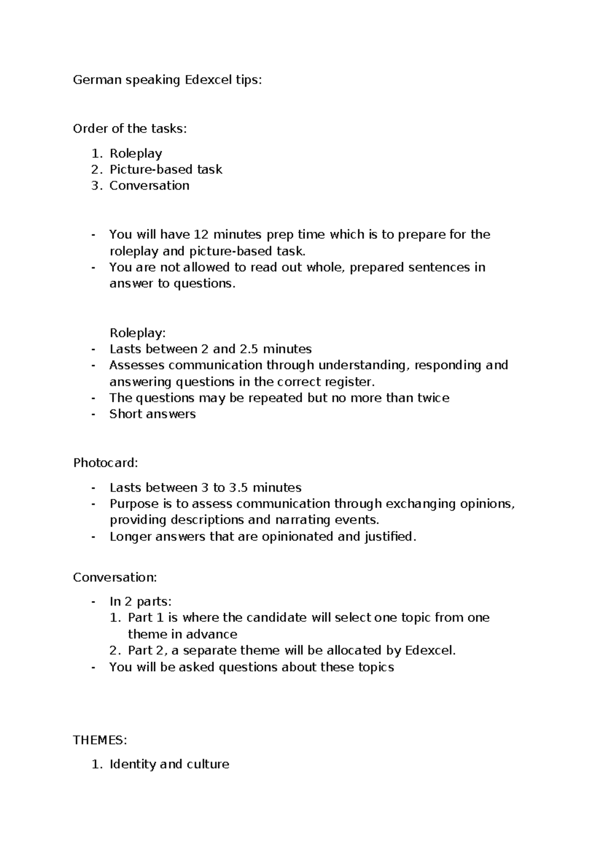 Edexcel German Speaking Tips: Task Order & Key Themes - Studocu