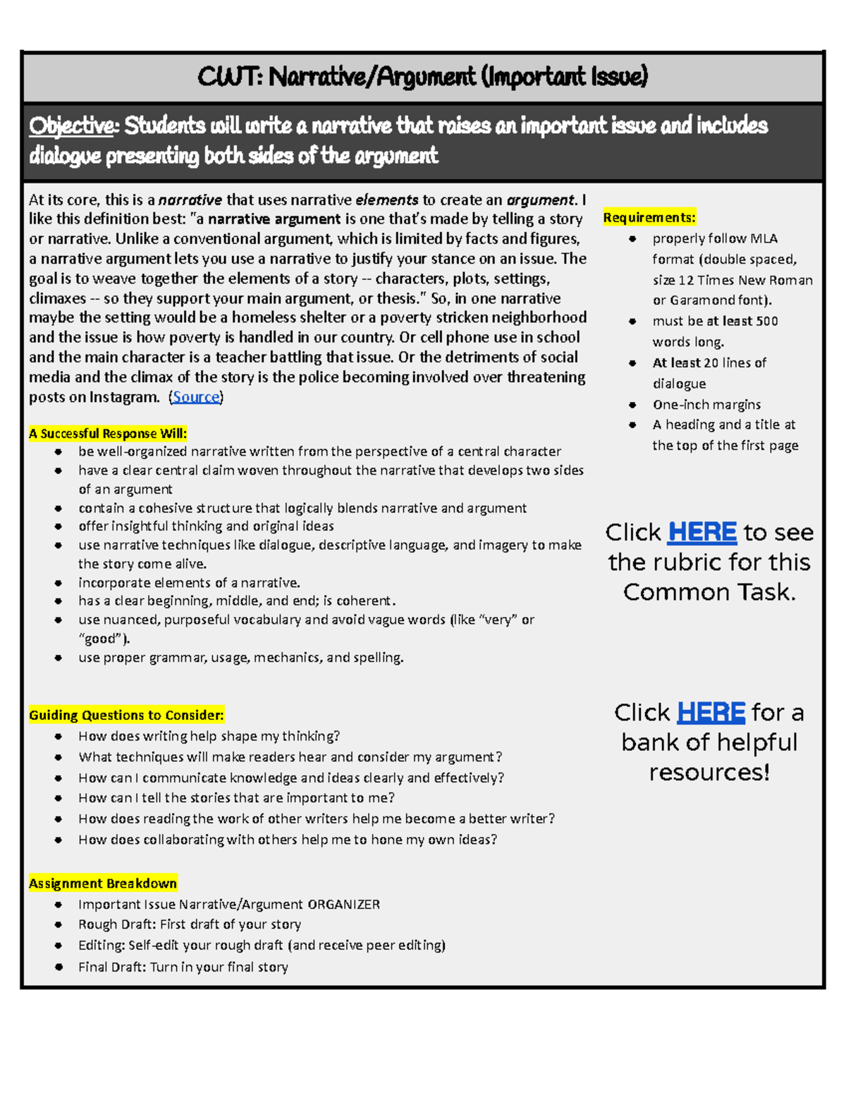 CWT 4.1 Narrative Argument (Important Issue) Assignment Sheet - CWT ...