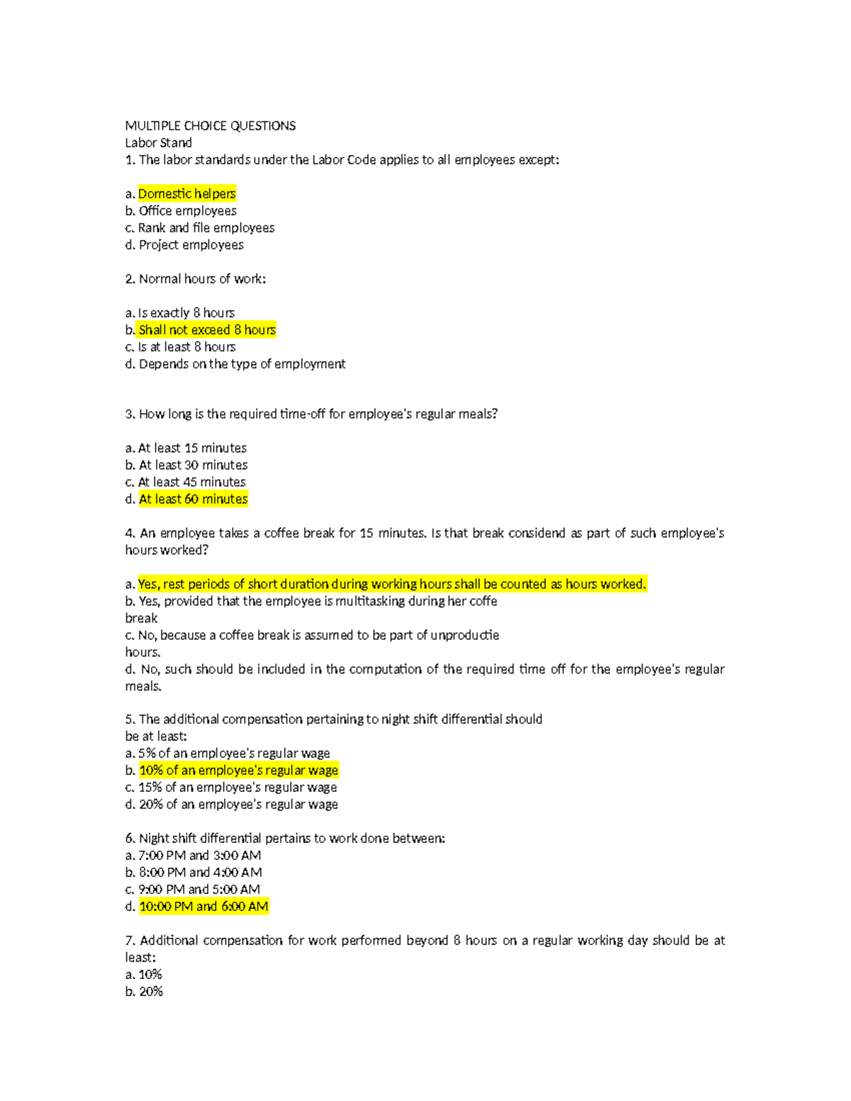 LAB 101: Multiple Choice Questions on Labor Law Standards and Policies ...